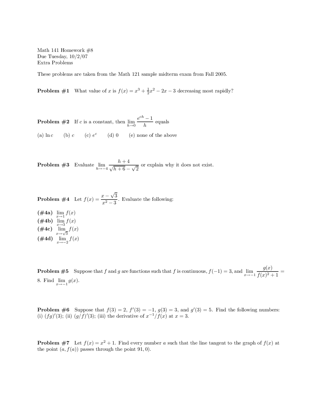 Homework 8 | Calculus I for Honors | MATH 141 | Assignments Calculus | Docsity