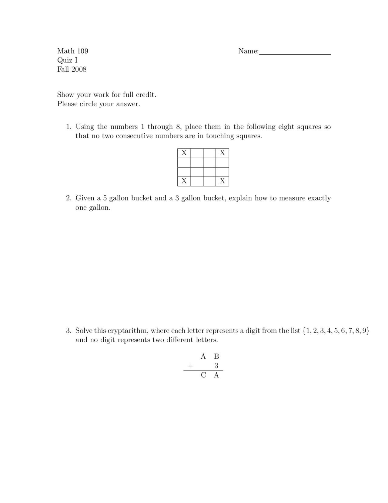 Mathematics Elementary School Teachers I - Quiz Questions 2008 | MATH ...