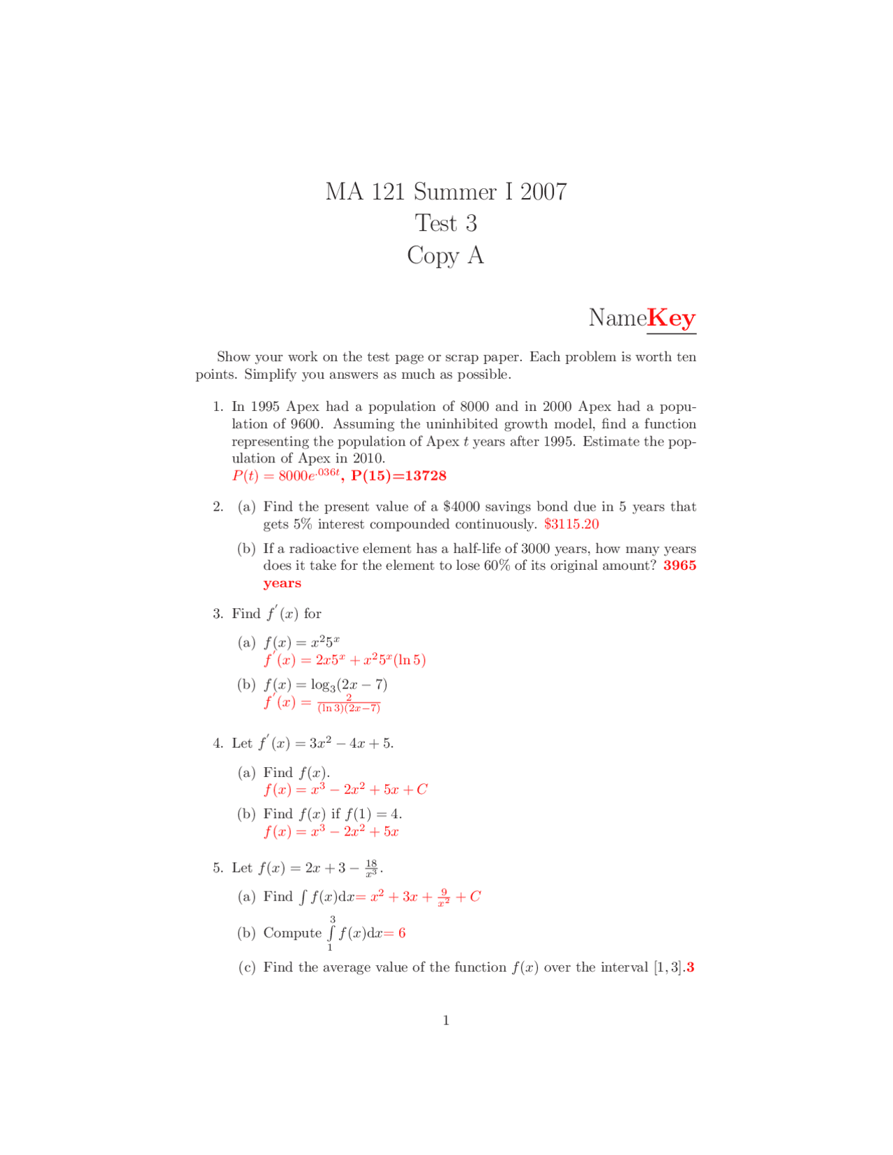 10 Questions On Elements Of Calculus Exam 3 Ma 121 Docsity