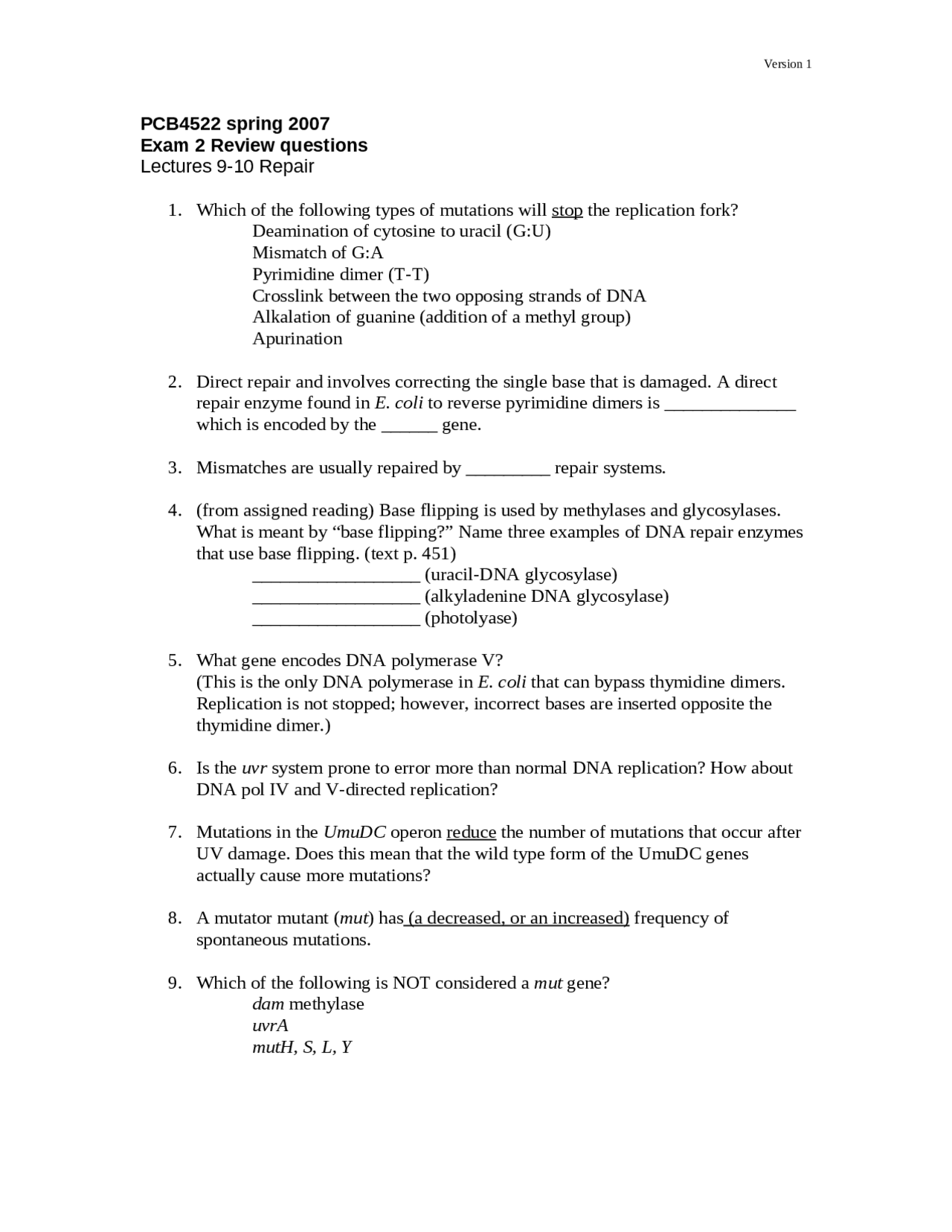 Exam 2 Review Questions Molecular Genetics 2007 Pcb 4522 Docsity