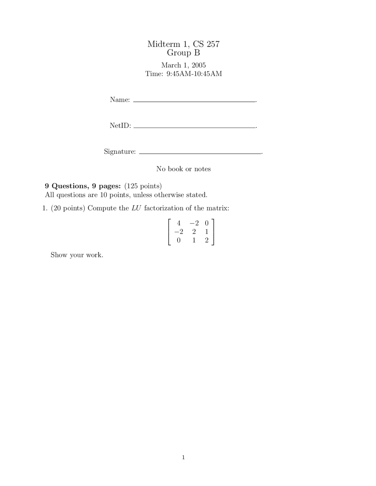 Practice Midterm 1 Numerical Methods Cs 257 Docsity