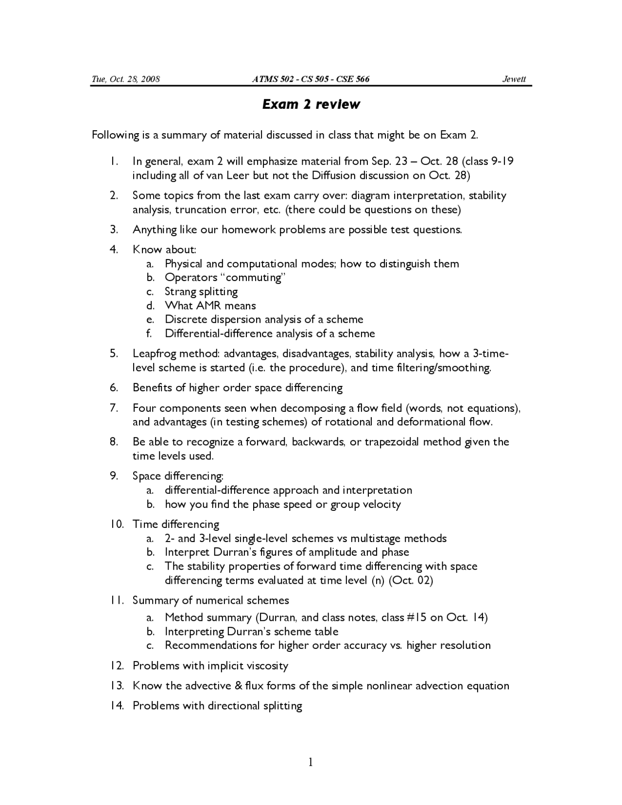 Exam 2 Review Sheet Numerical Fluid Dynamics Atms 502 Docsity