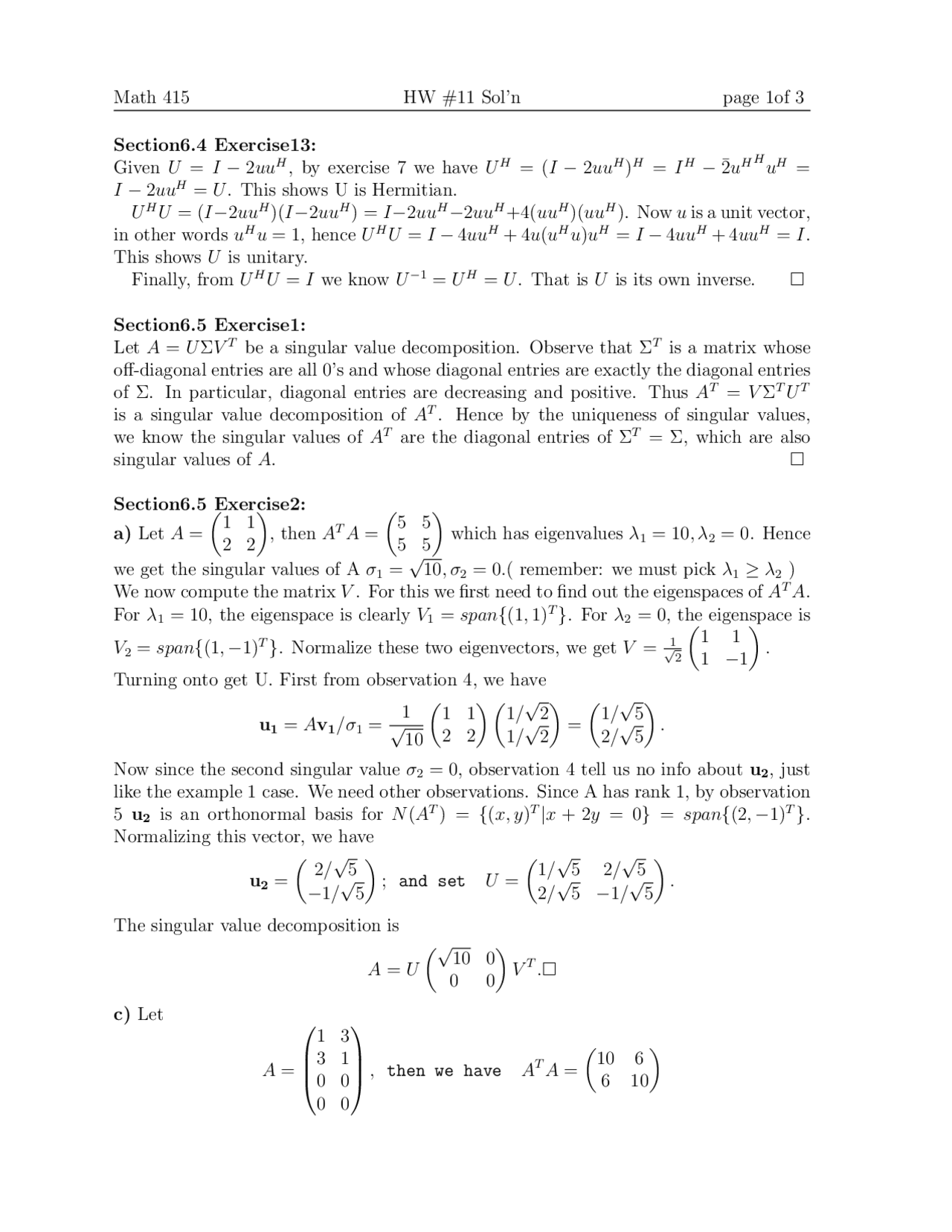 Solutions to Math 415 HW #11: Singular Value Decomposition and Eigenvalues | Assignments Linear ...