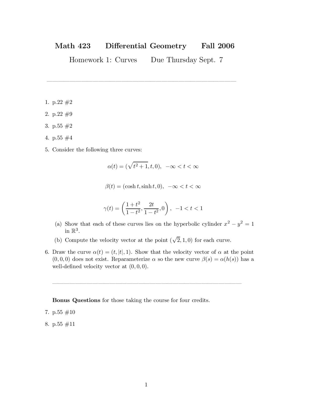 Curves Homework 1 Differential Geometry Math 423 Docsity