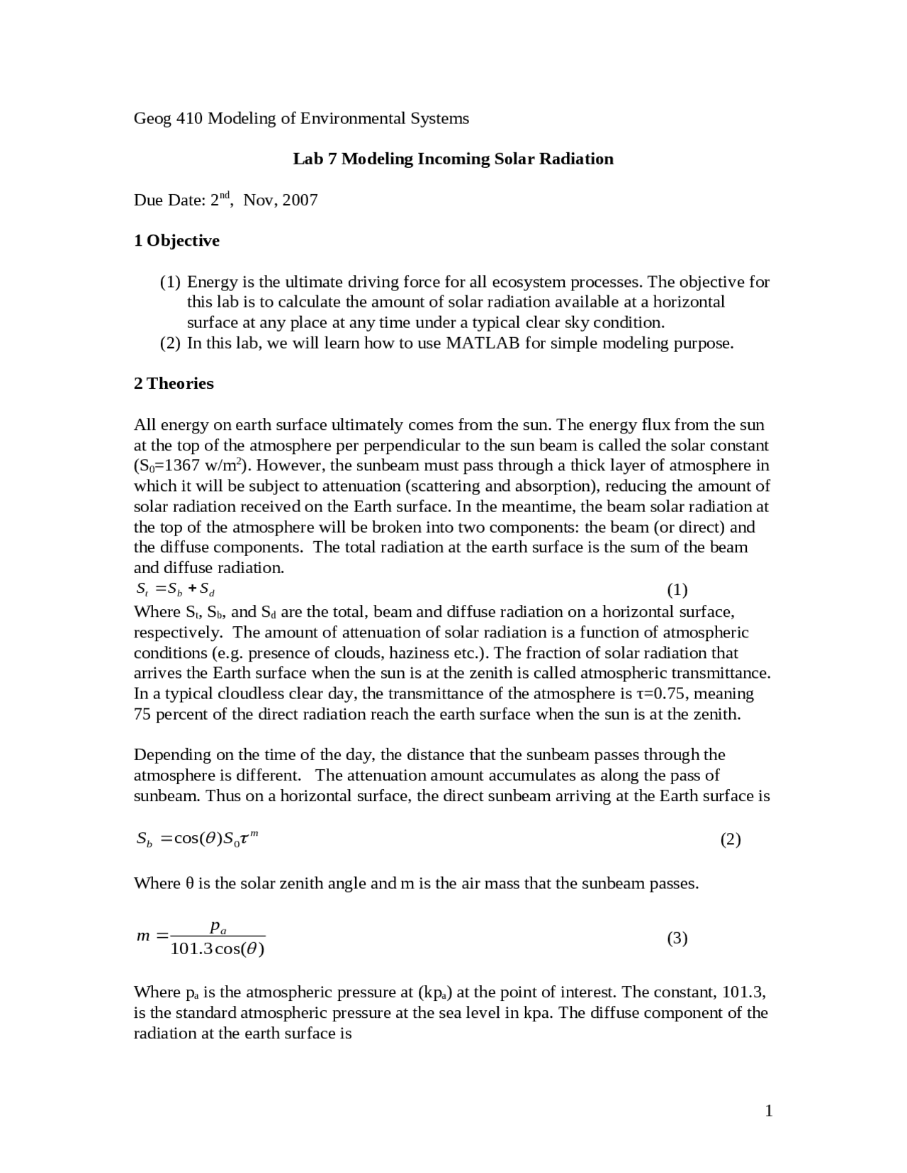 Lab 7 Modeling Incoming Solar Radiation Geog 410 Docsity