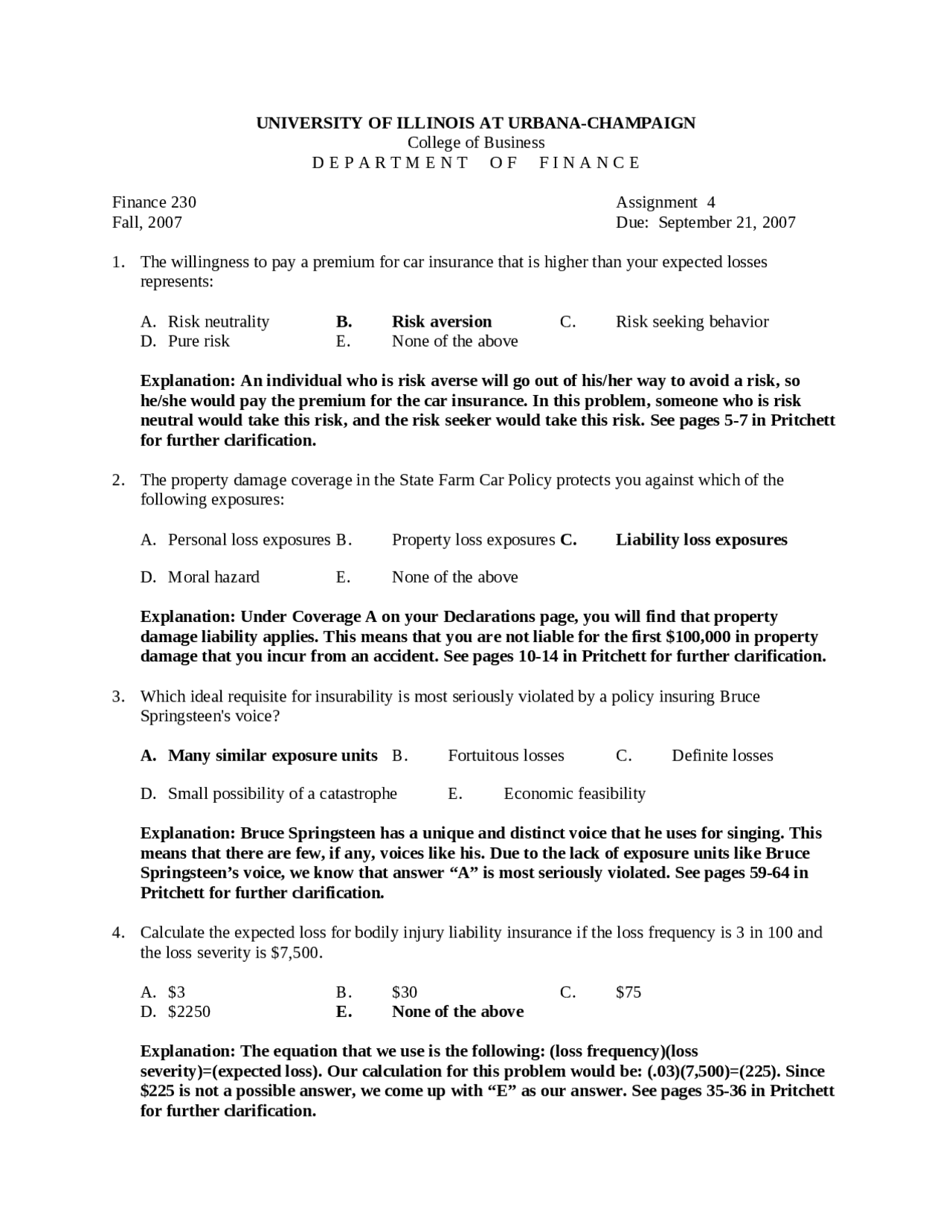 10 Mcqs For Assignment 4 Introduction To Insurance Fin 230 Docsity