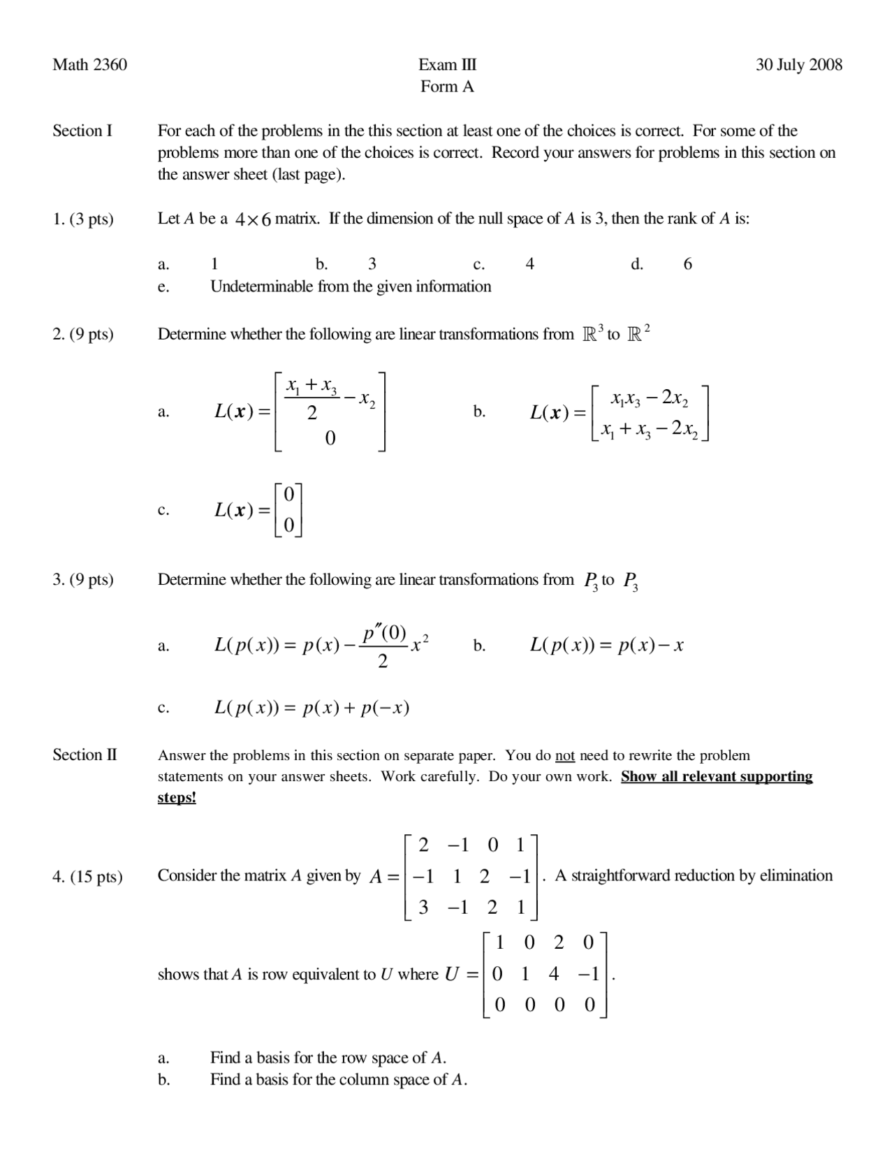 10 Problems in Exam 3 Form A - Linear Algebra: Honors - 2008 | MATH ...