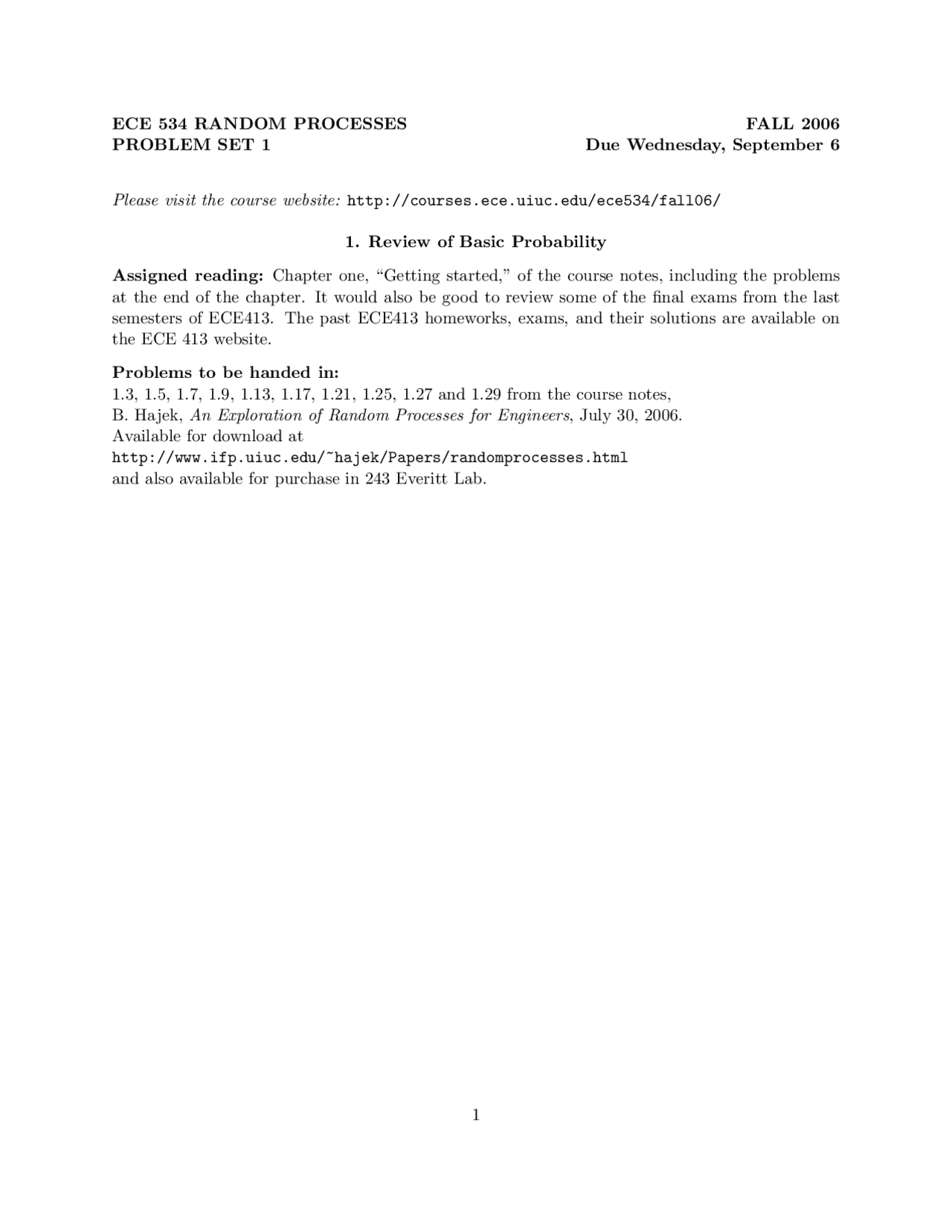 Ece 534 Random Processes Problem Set 1 For Fall 2006 Prof Bruce Hajek Assignments