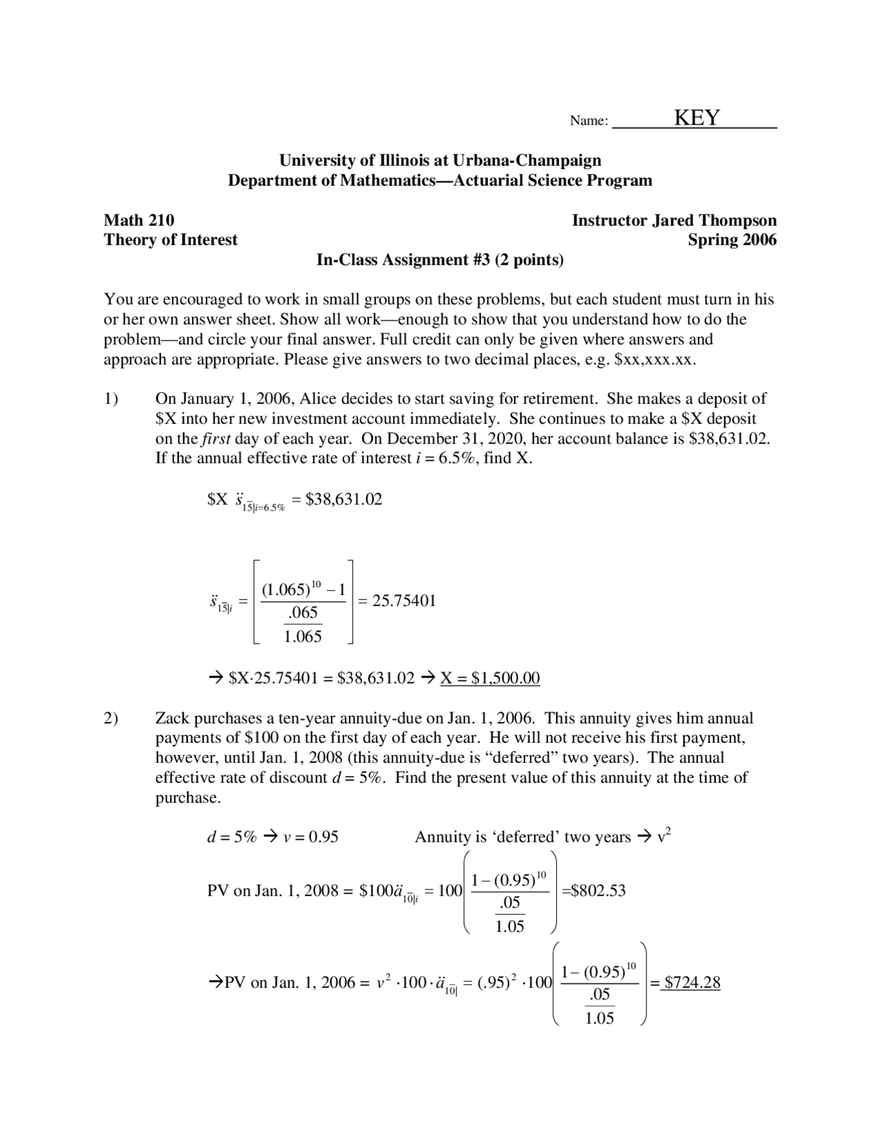 Solved Assignment For Theory Of Interest Math 210 Docsity