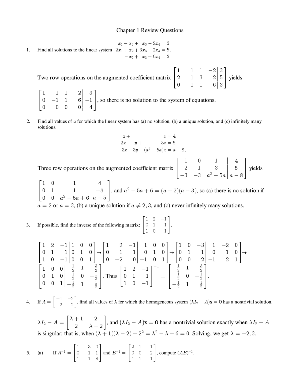 Chapter 1 Review Questions Introduction To Linear Algebra Ma 405