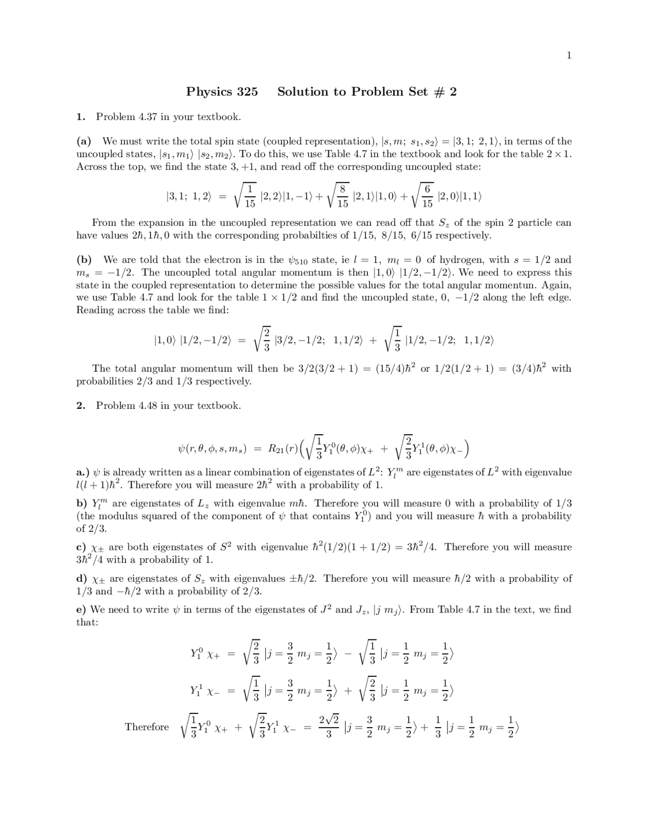 Quantum Mechanics - Solution to Problem Set 2 | PHYS 325 - Docsity