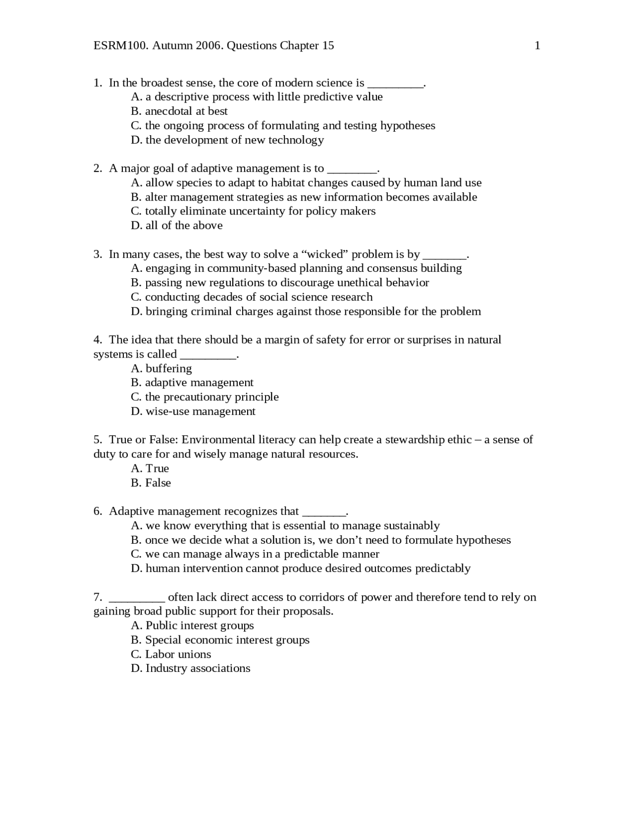 21 Multiple Choice Questions Introduction To Environmental Science