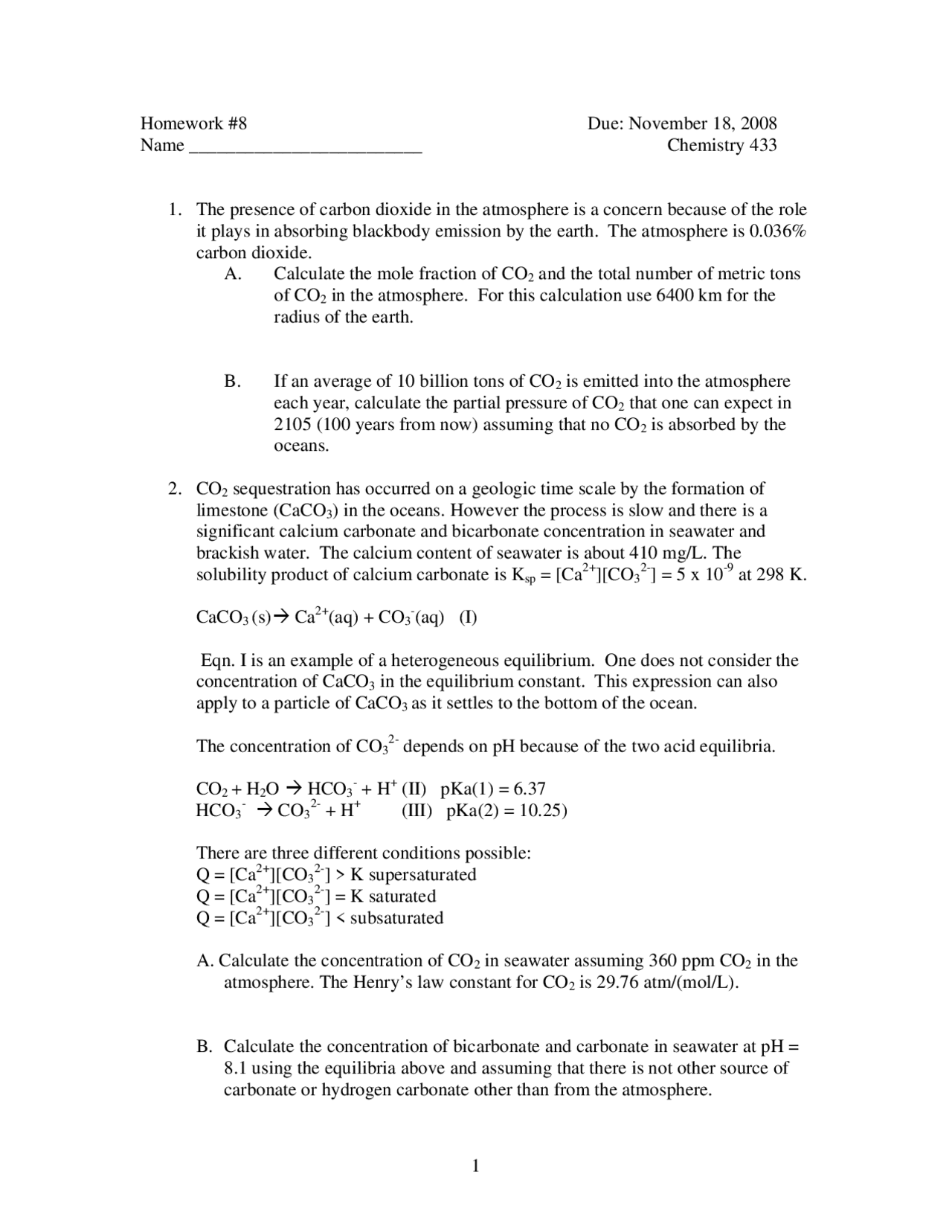 Physical Chemistry Ii Homework 8 Questions Ch 433 Docsity
