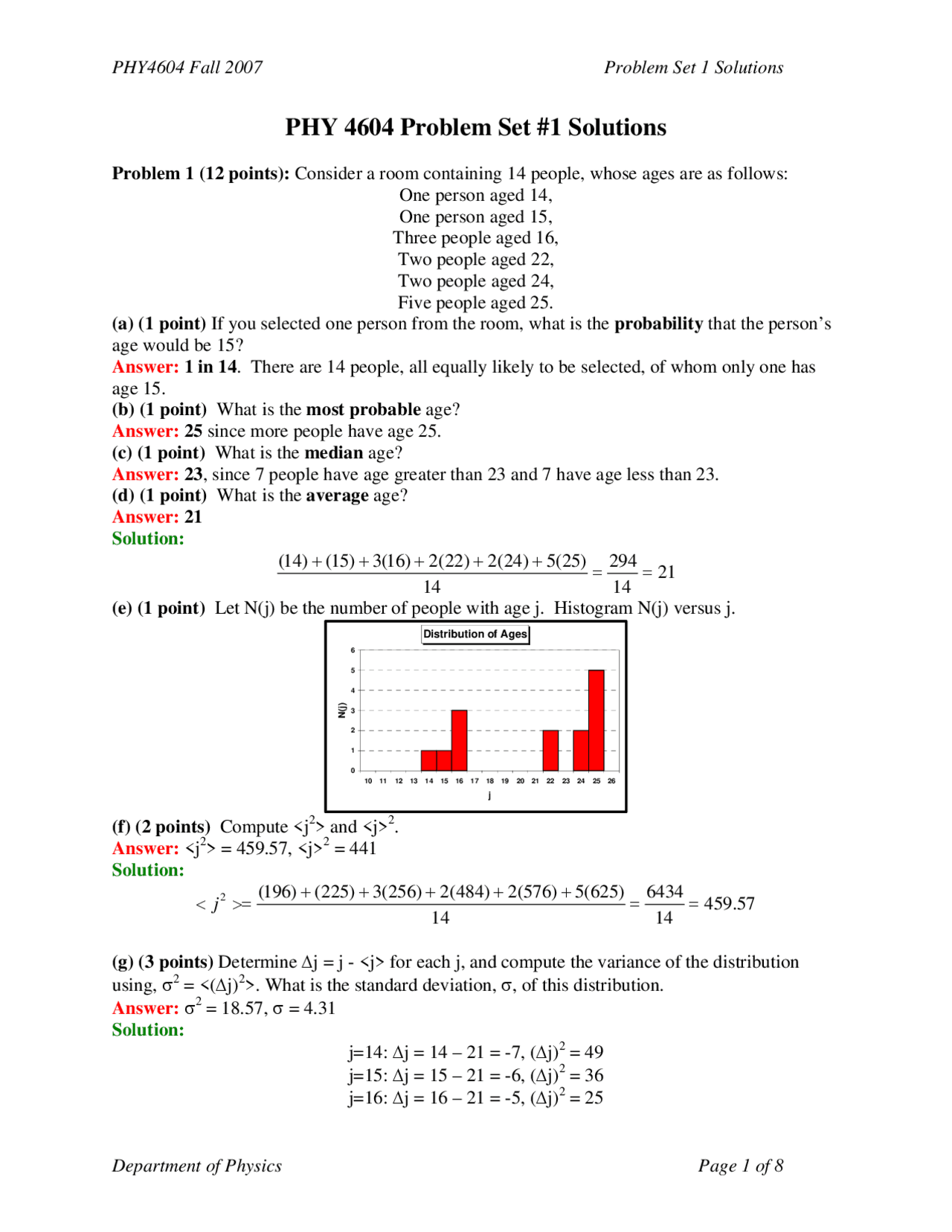 Problem Set 1 with Solutions for Introduction to Quantum Mechanics I | PHY 4604 - Docsity