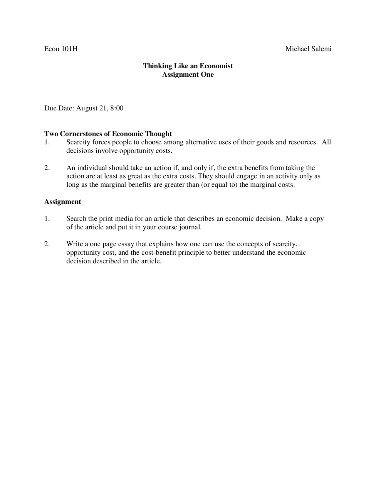 Assignment 1 Thinking like an Economist - Introduction to Economics ...