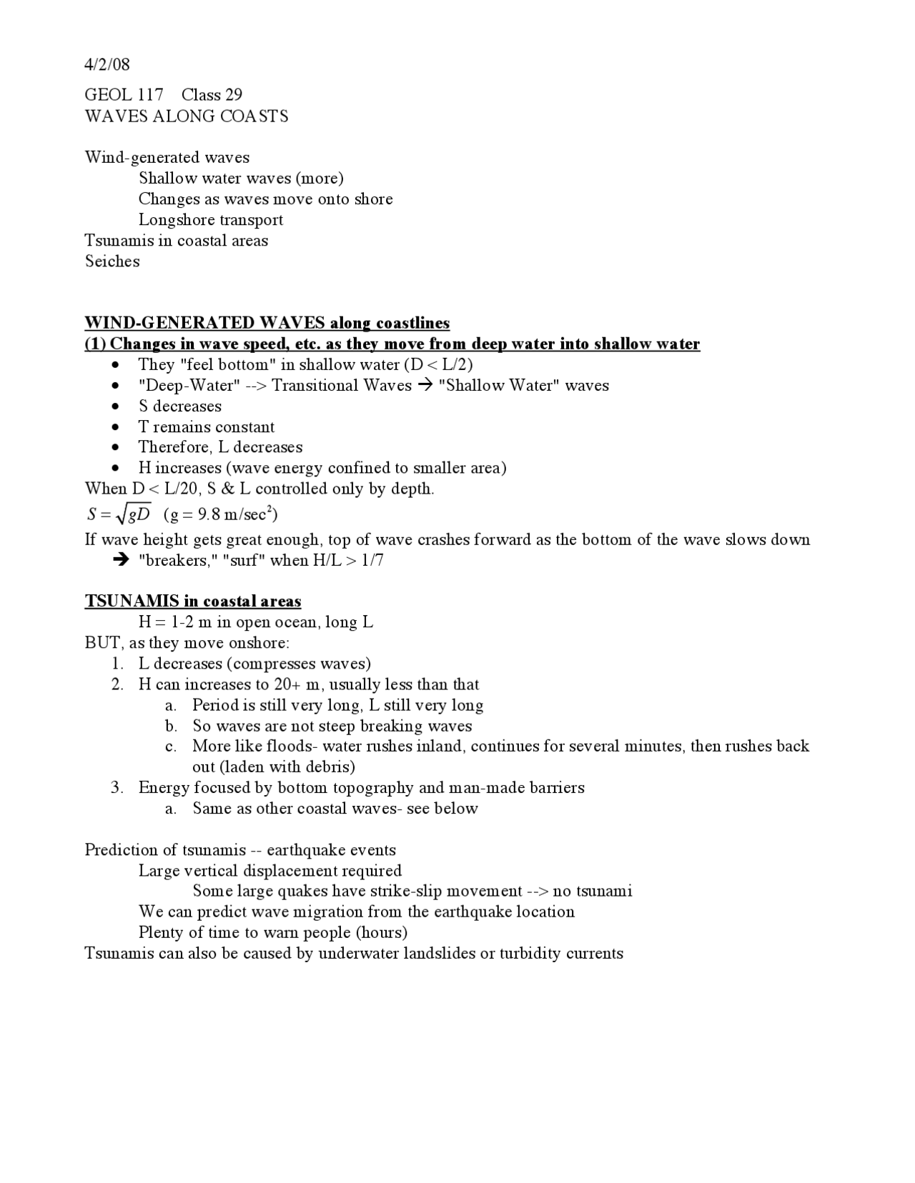 Notes On Waves Along Coasts The Oceans Geol 117 Docsity
