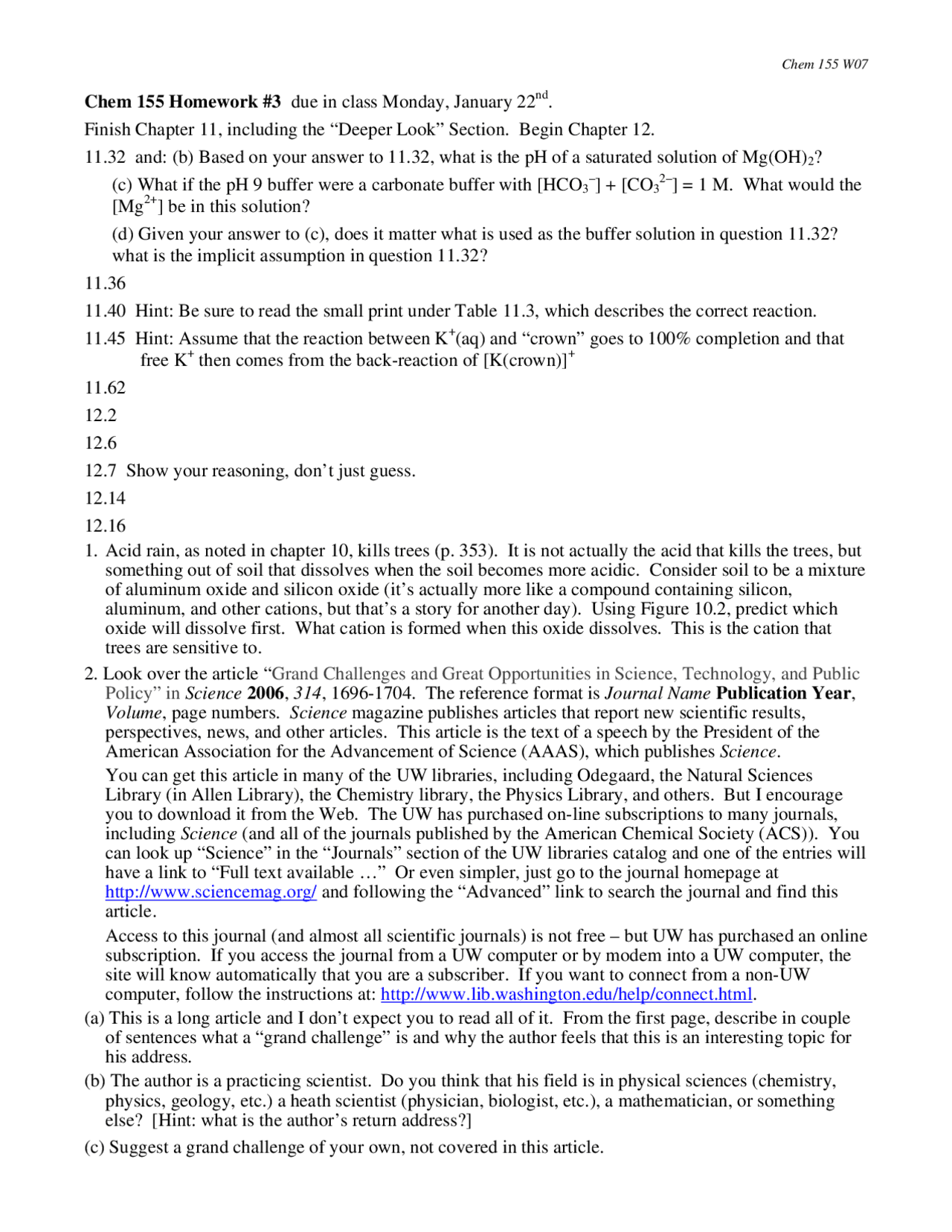 10 Problems For Assignment 3 On General Chemistry Chem 155 Docsity