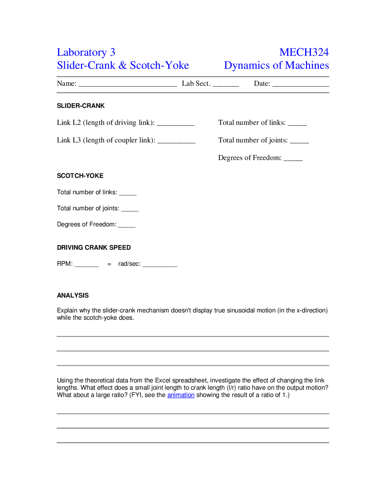 Laboratory 3 - Dynamics of Machines | MECH 324 - Docsity
