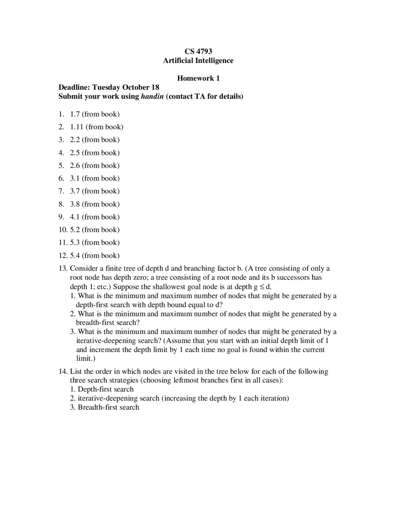Homework 1 Practice Questions Artificial Intelligence Cs 4793 Docsity