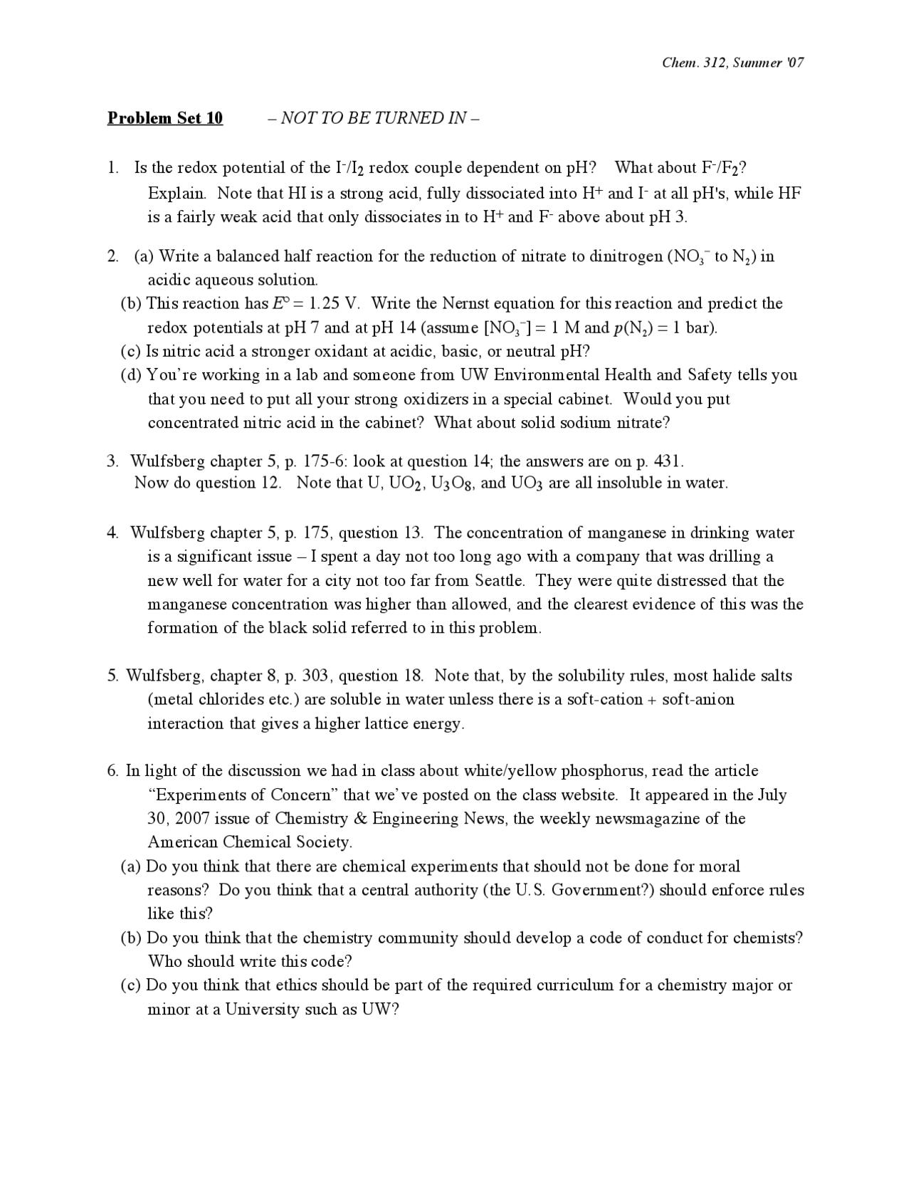 Problem Set 10 Questions Inorganic Chemistry Chem 312 Docsity