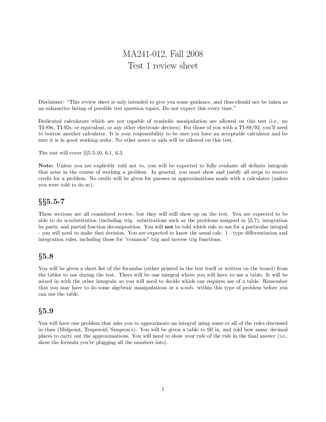 Practice Test 1 Review Sheet Calculus Ii Fall 2008 Ma 241 Docsity