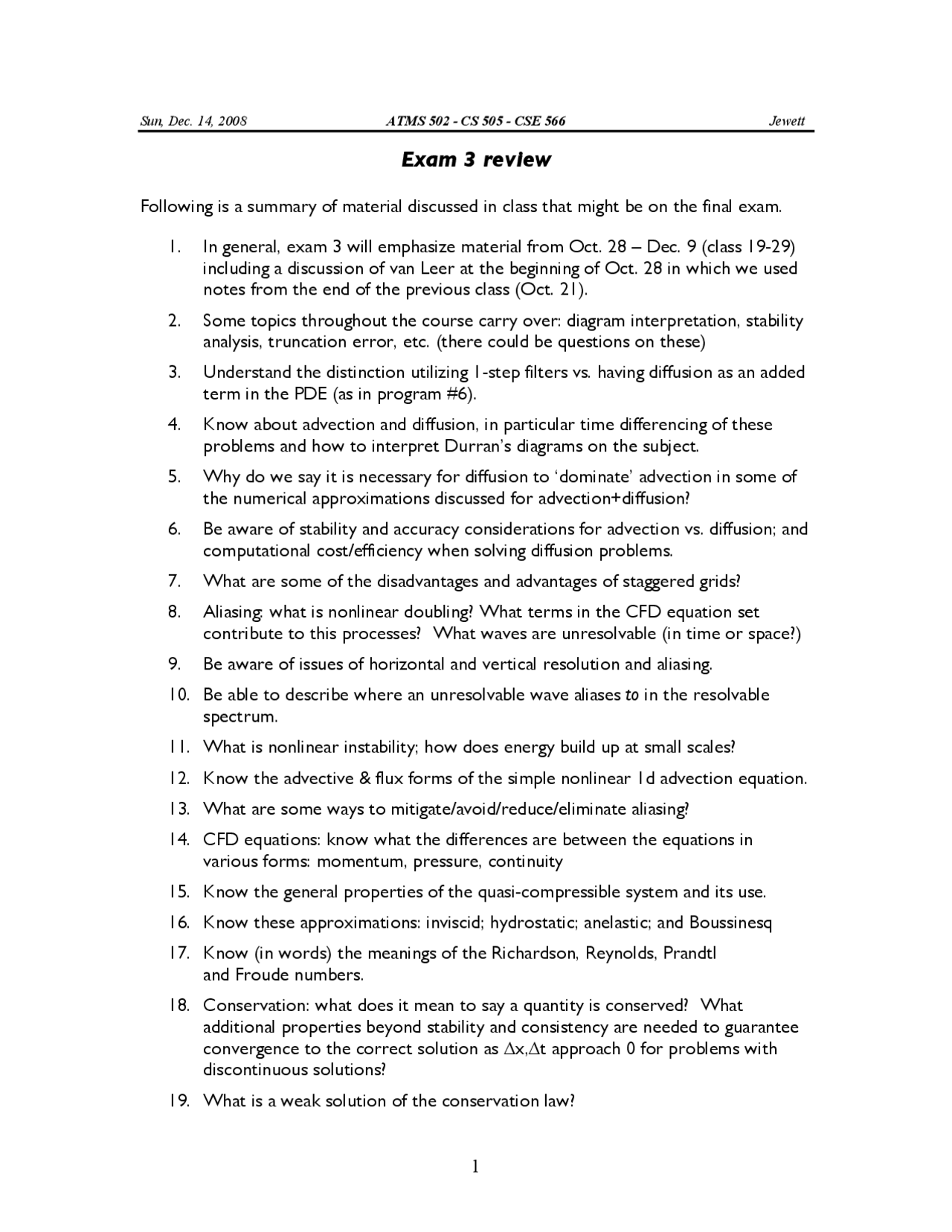 Exam 3 Review for Numerical Fluid Dynamics | ATMS 502 | Exams Meteorology | Docsity