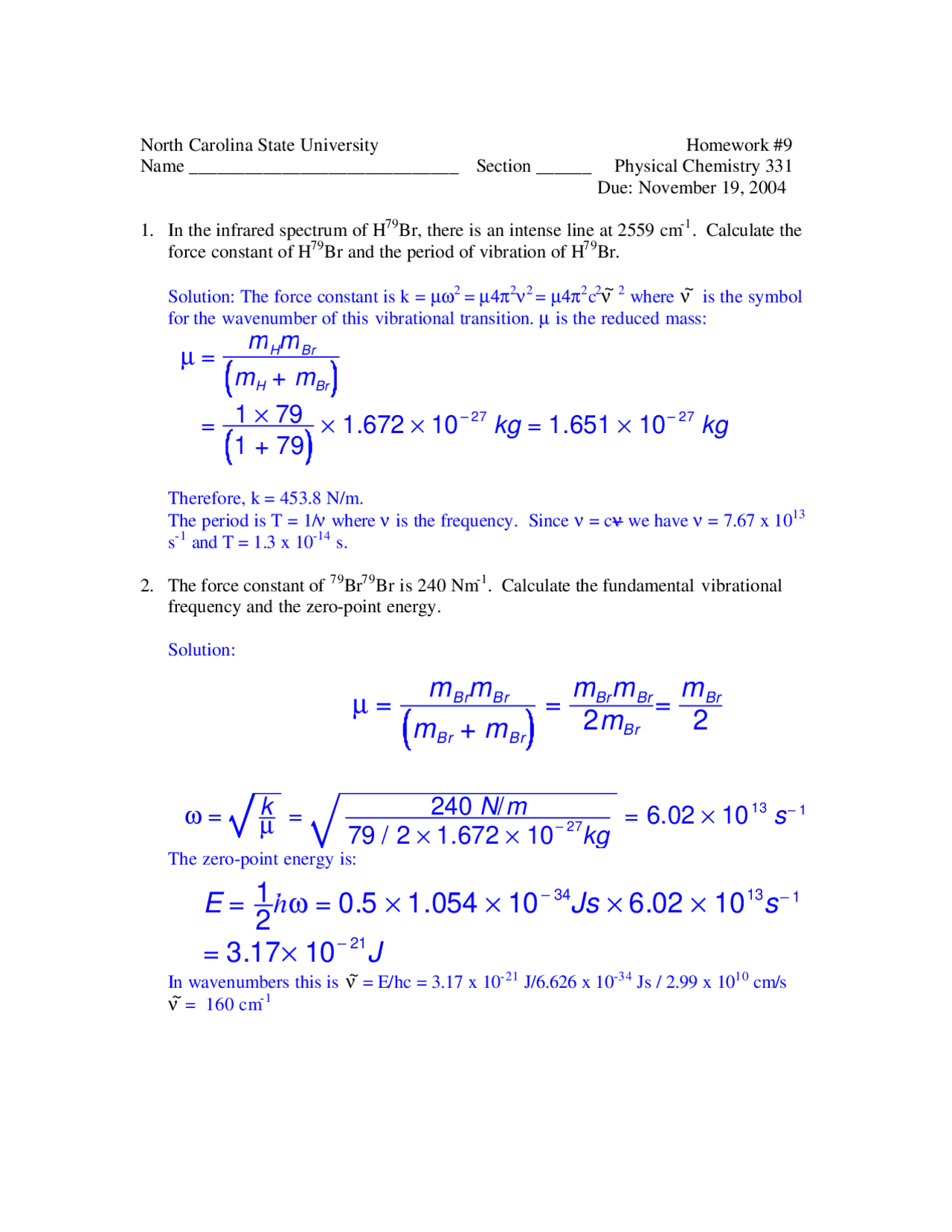 Homework 9 Questions With Solution Introductory Physical Chemistry