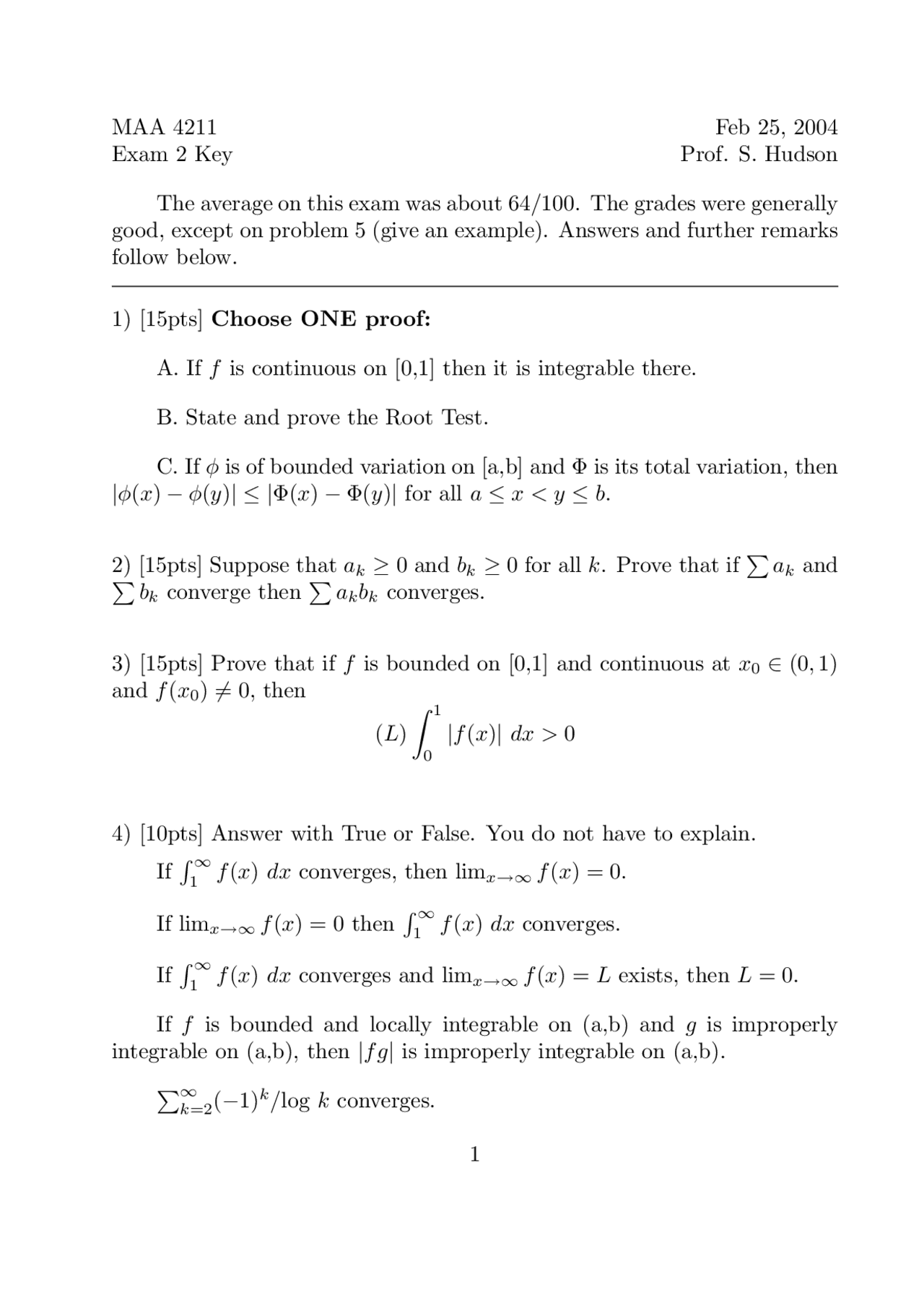 7 Problems on Advanced Calculus - Exam 2 with Answers Key | MAA 4211 - Docsity