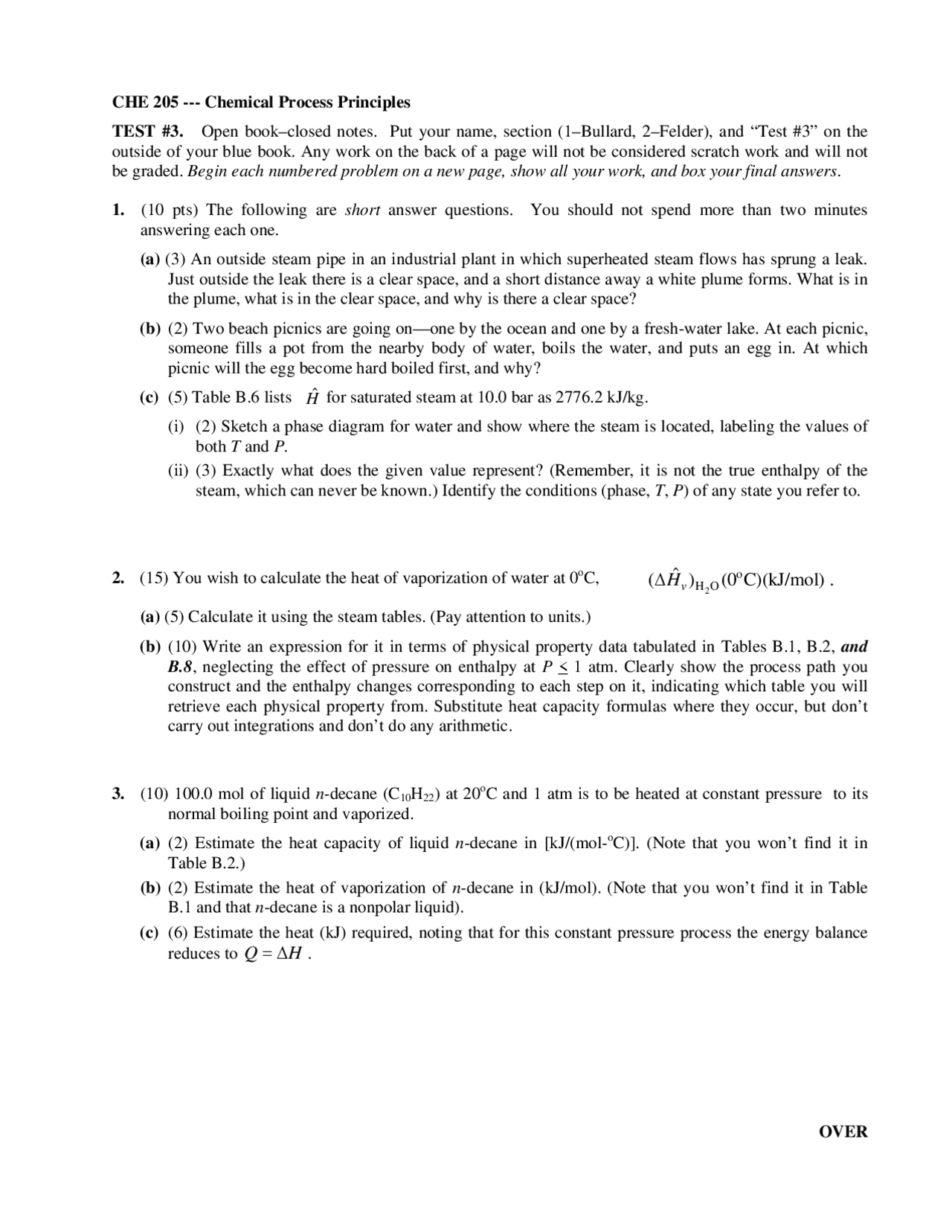 Examination 3 Chemical Process Principles Che 205 Docsity