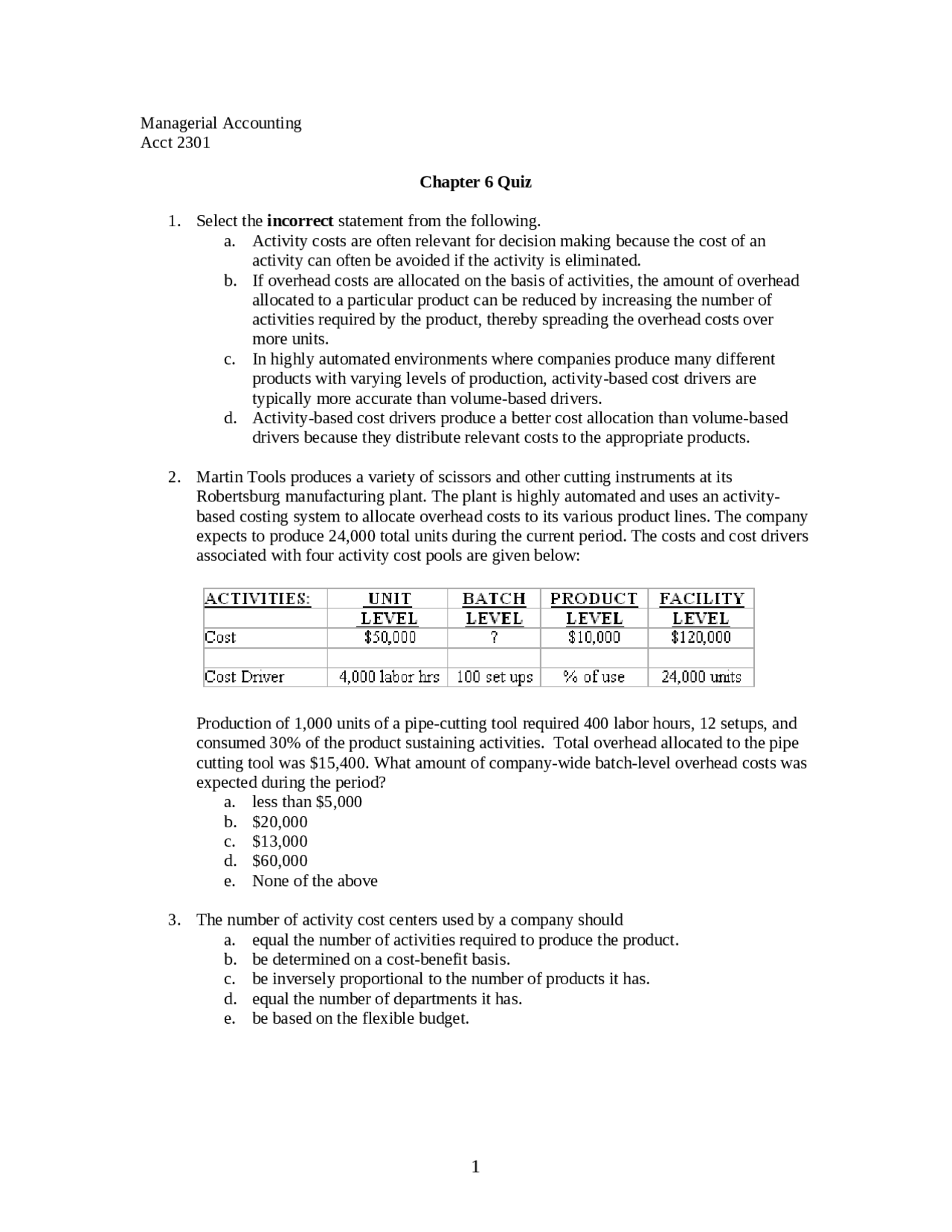 Short Class Quiz On Managerial Accounting Acct 2301 Docsity