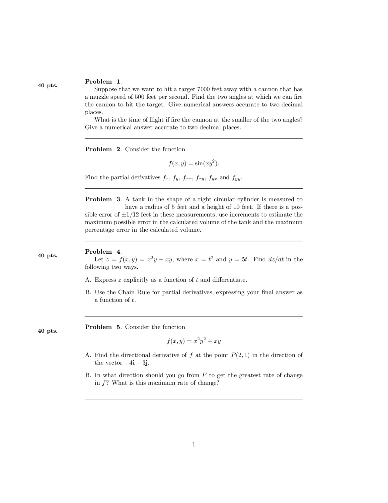 6 Problems On Partial Derivative Functions Exam 1 Math 2350 Docsity