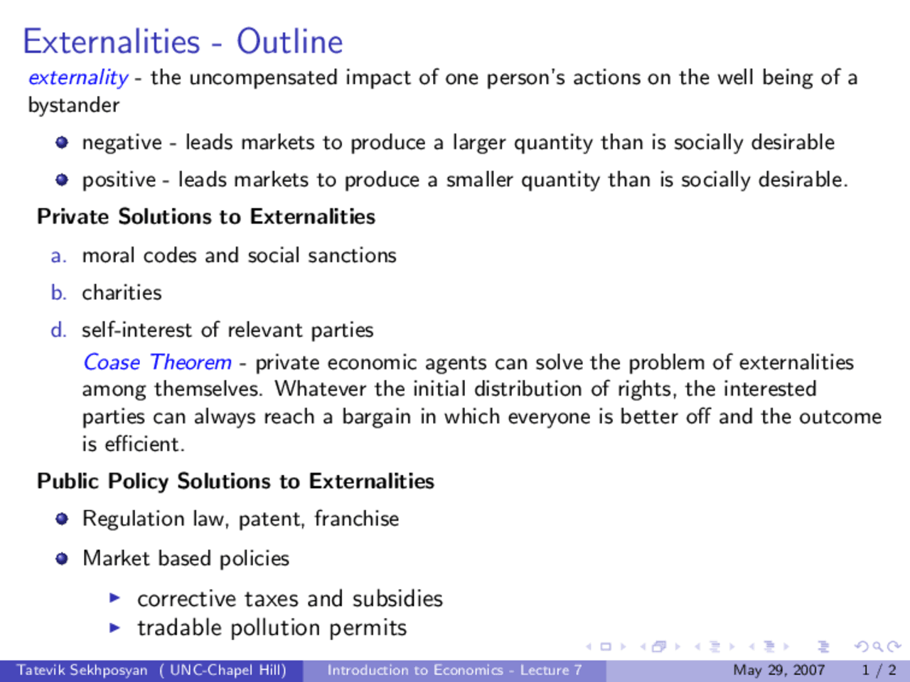 Externalities - Outline - Coase Theorem | ECON 101 - Docsity