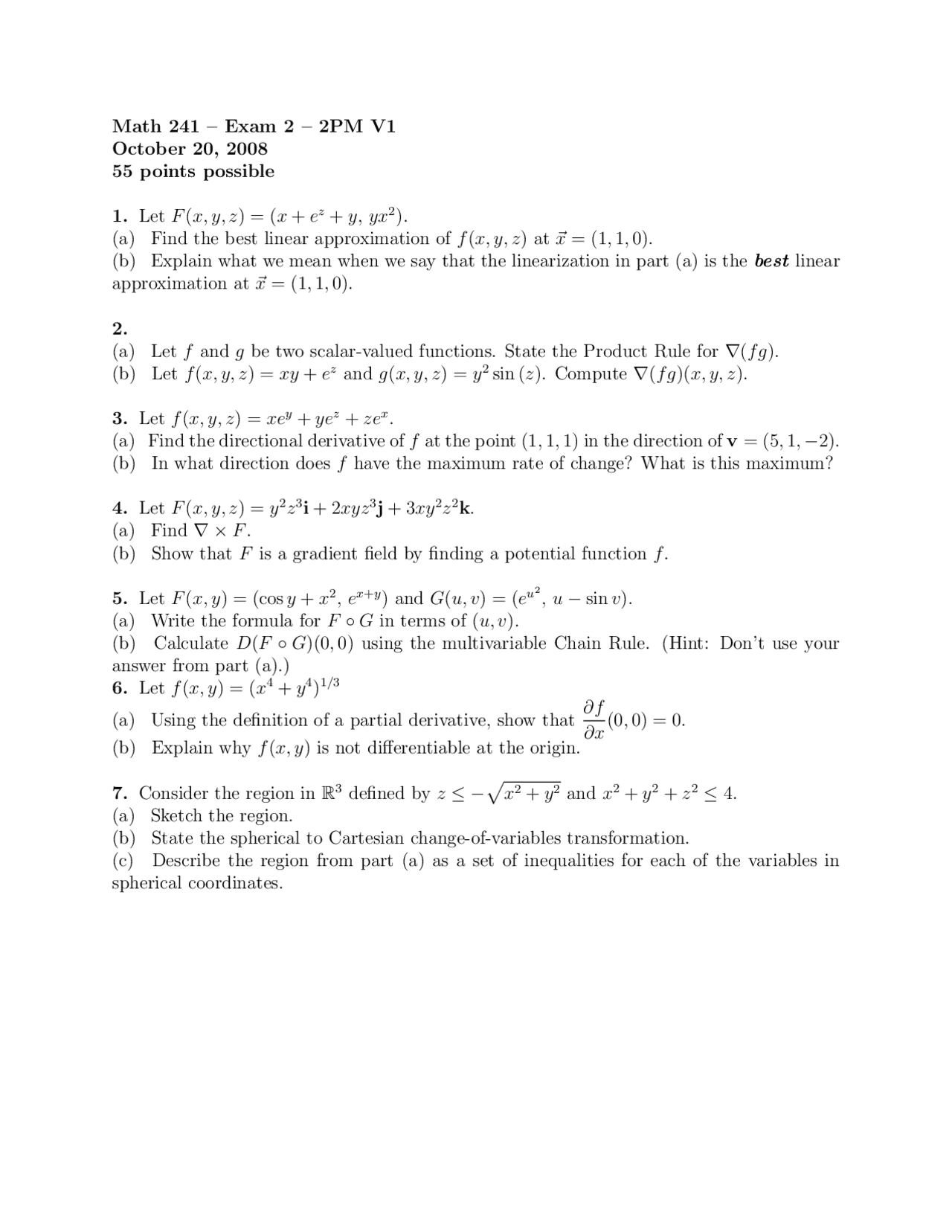 Calculus Lll Exam 2 Questions Fall 2008 Math 241 Docsity