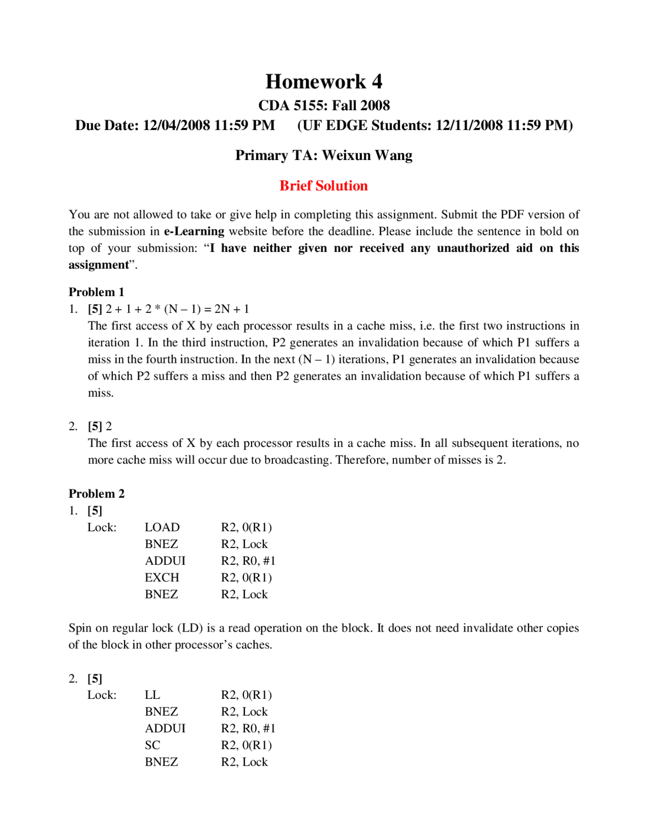 Brief Solution To Assignment Computer Architecture Principles Cda 5155 Docsity