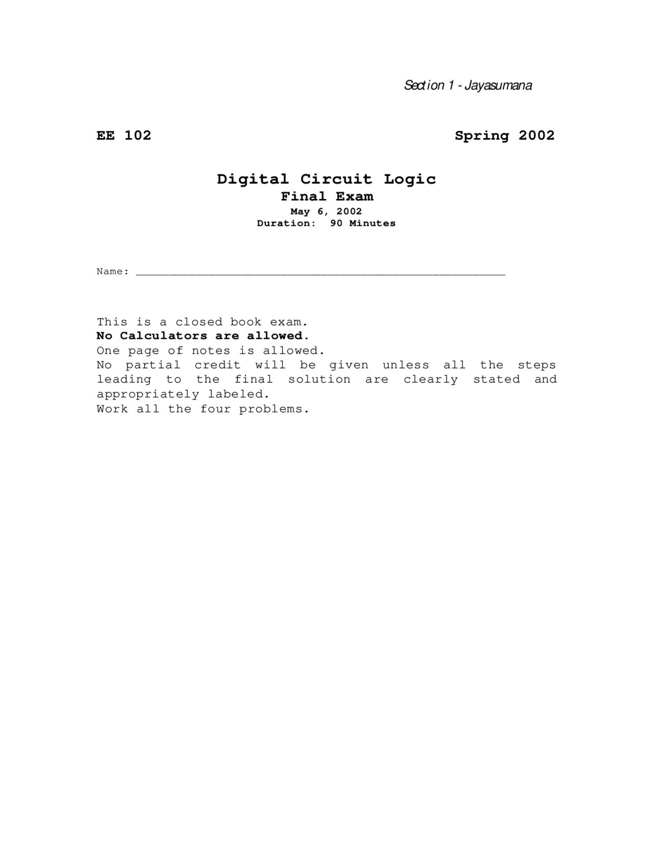 Digital Circuit Logic Unsolved Final Exam Ece 102 Docsity