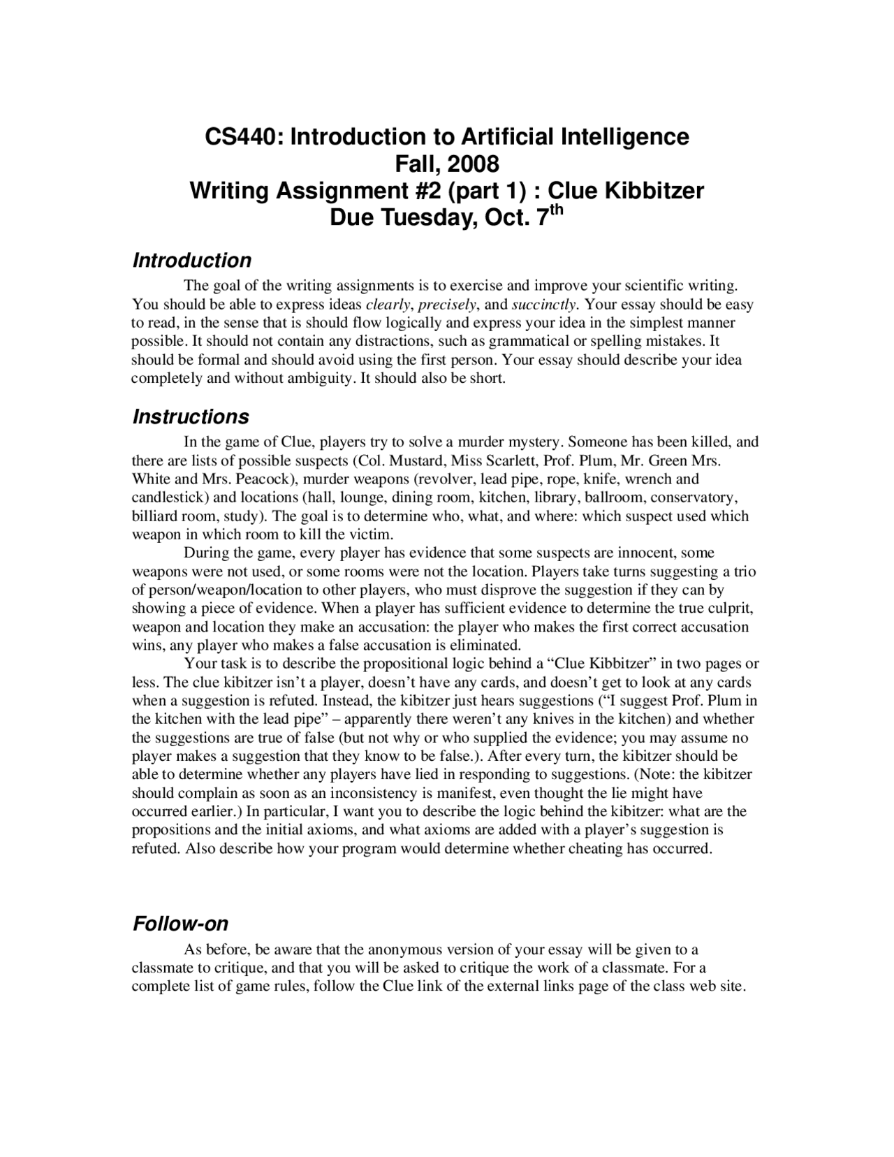 Writing Assignment On Introduction To Artificial Intelligence Cs 440 Docsity