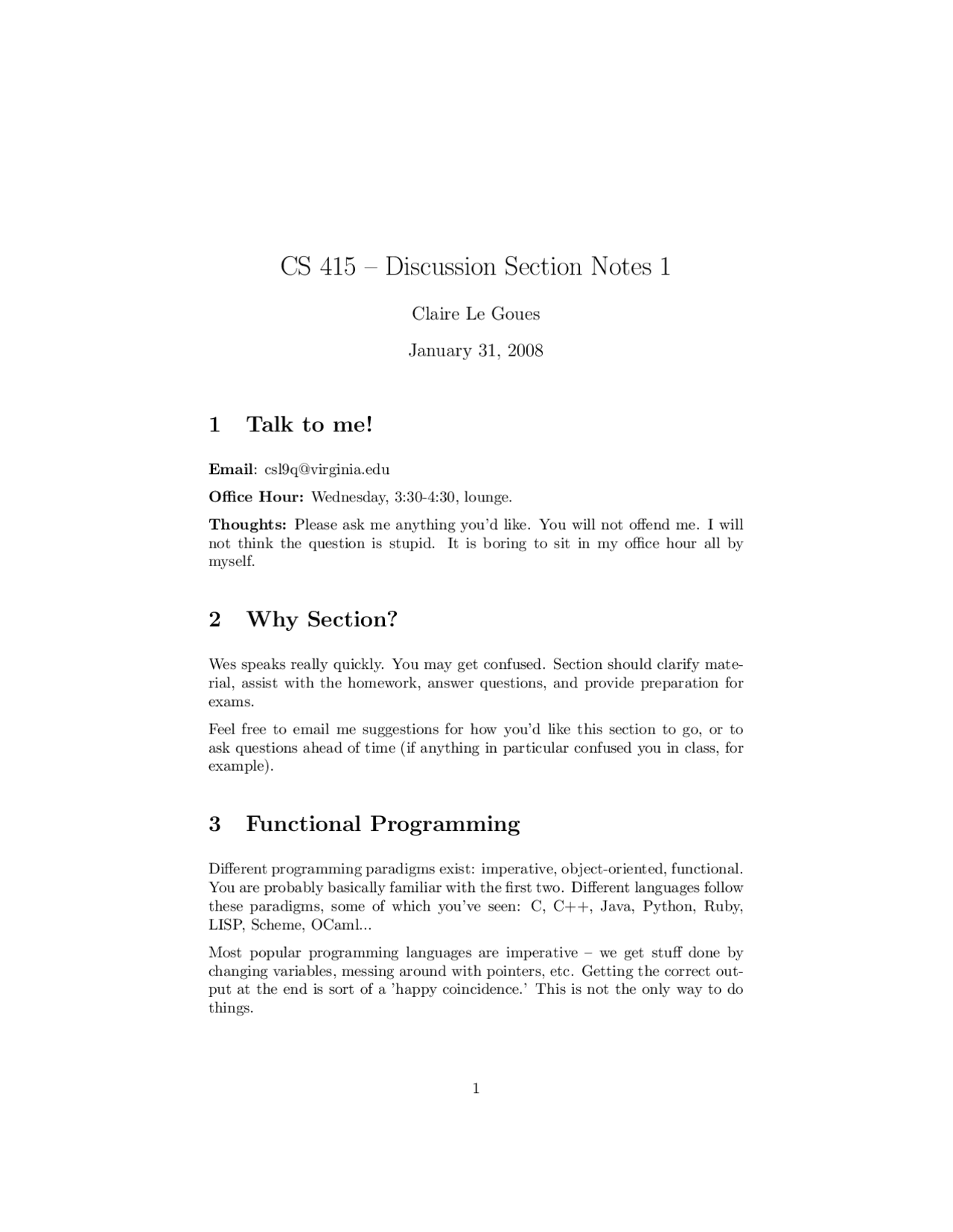 Discussion Section Notes Programming Languages Cs 4610 Docsity