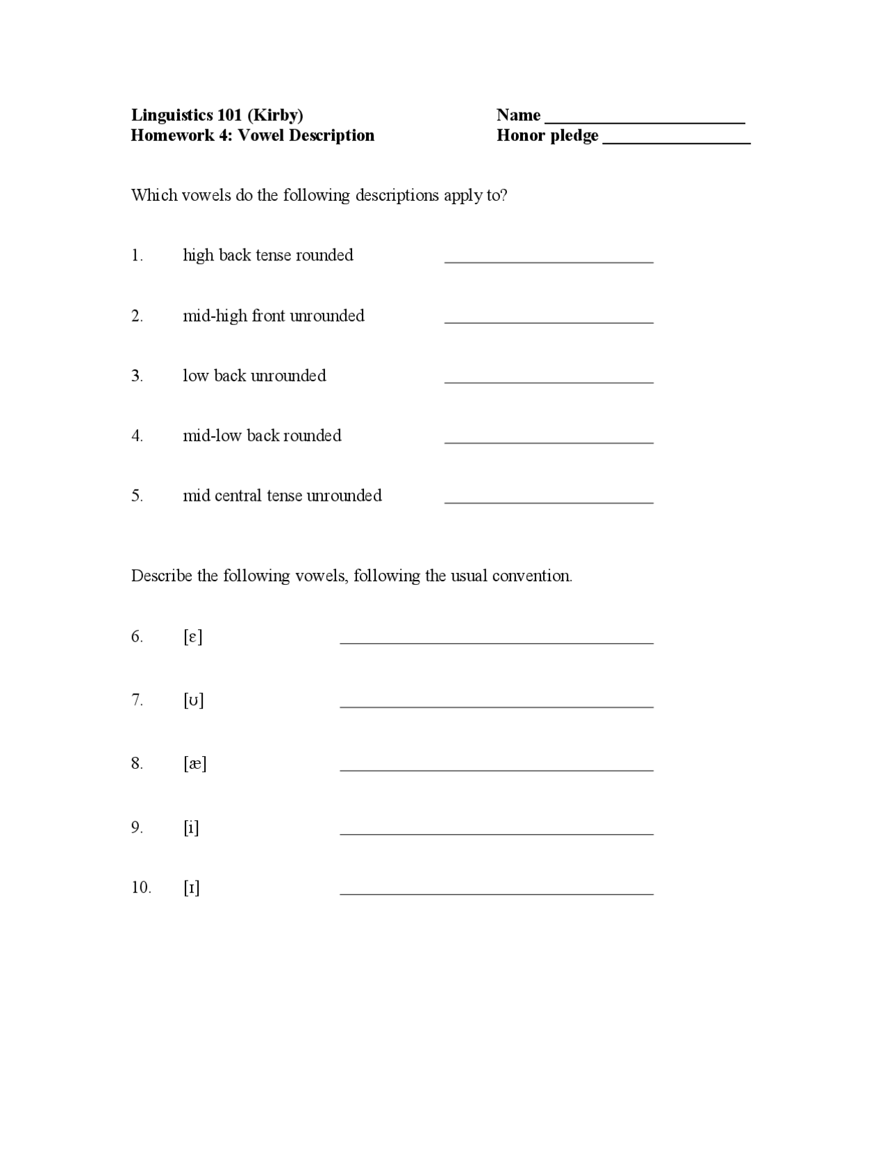 Assignment 4 - Vowel Description - Introduction to Language | LING 101 - Docsity