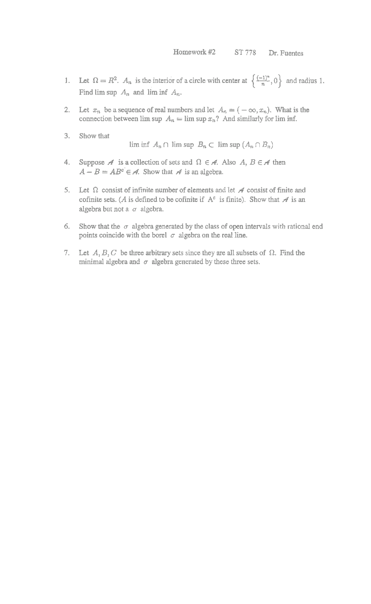 Measure Theory and Advanced Probability - Assignment 2 | ST 778 | Assignments Statistics | Docsity