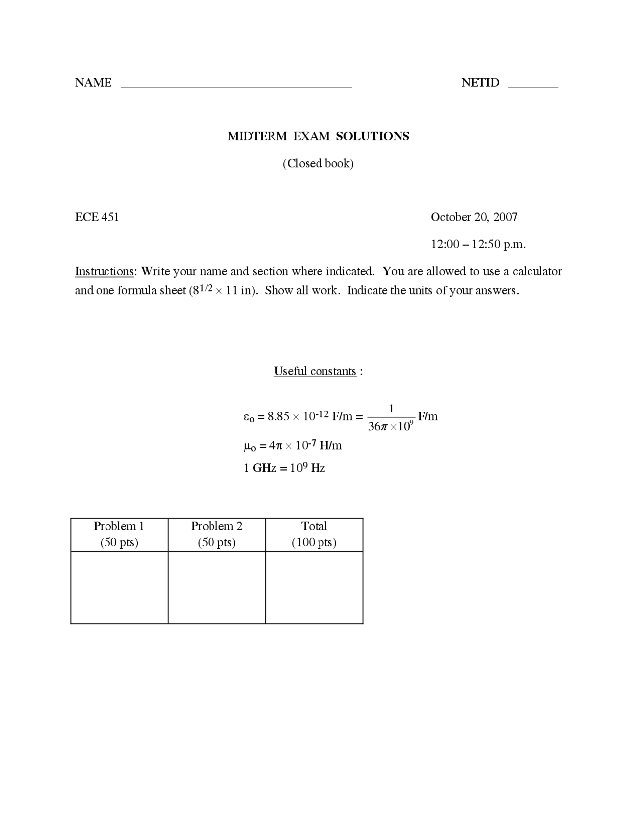 Midterm Exam Solutions for Advanced Microwave Measurements | ECE 451 | Assignments Electrical ...