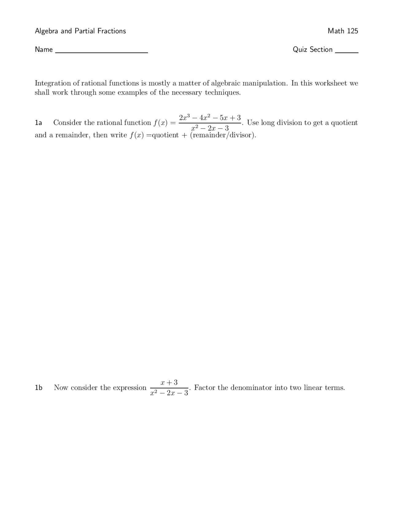 Practice Questions for Exam - Algebra and Partial Fractions | MATH 125 ...
