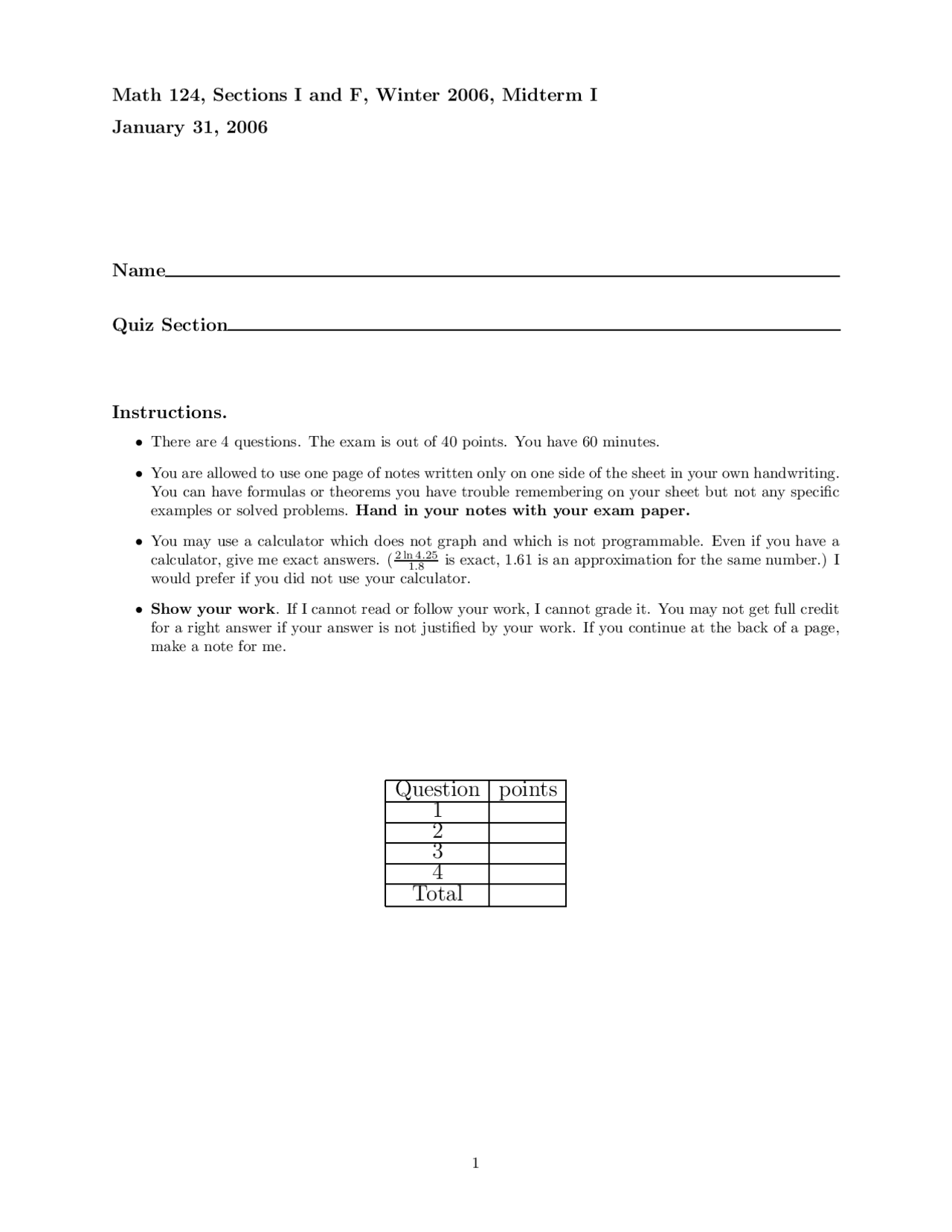 Midterm Exam 1 Questions For Calculus Analytical Geometry I Math 124