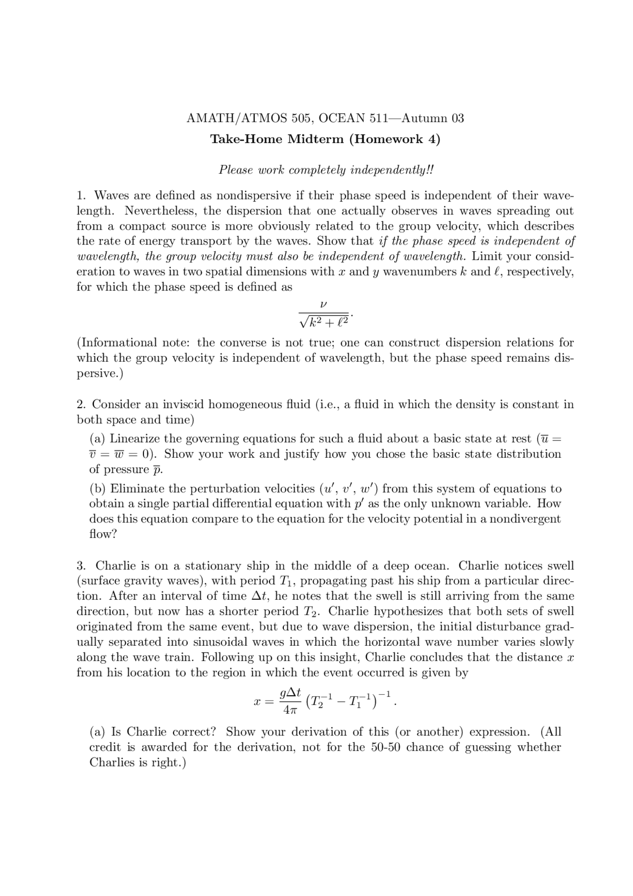 Midterm Homework 4 Fluid Dynamics Fall 2003 Ocean 511 Docsity