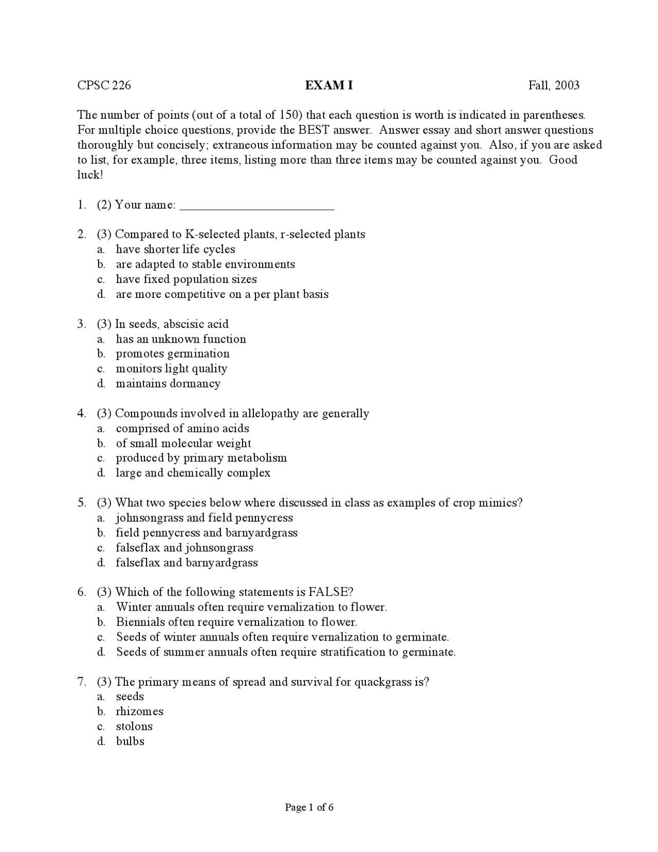 Exam 1 Multiple Choice Questions Introduction To Weed Science Cpsc