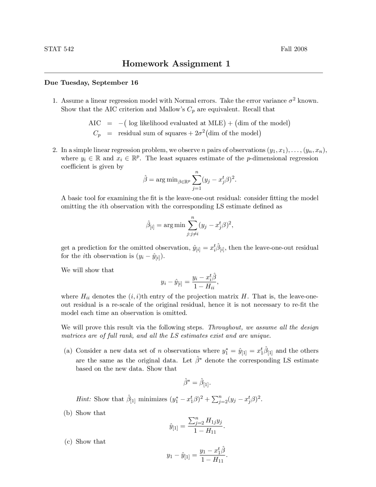 Homework Assignment 1 Statistical Learning Stat 542 Docsity