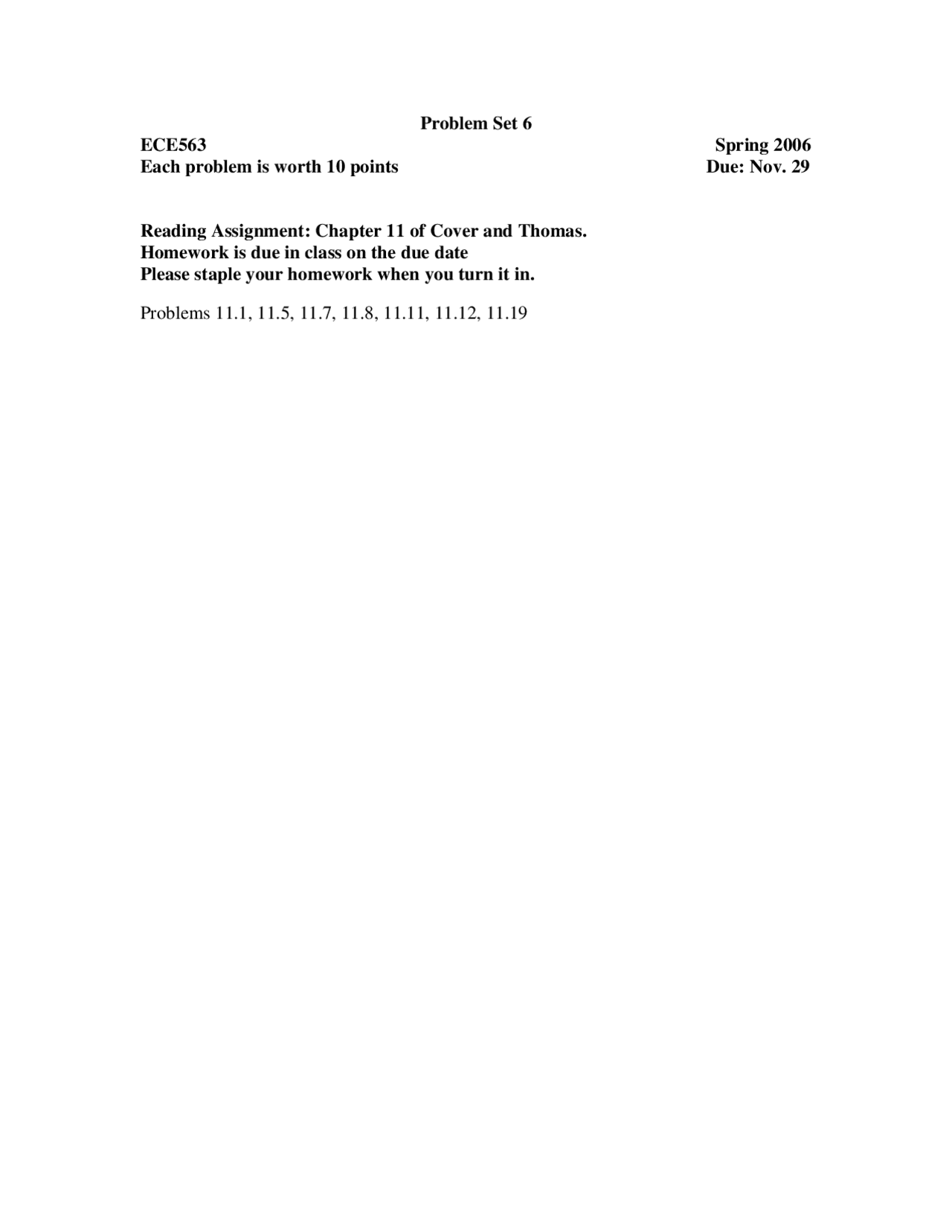 Problem Set 1 Questions Information Theory Ece 563 Docsity