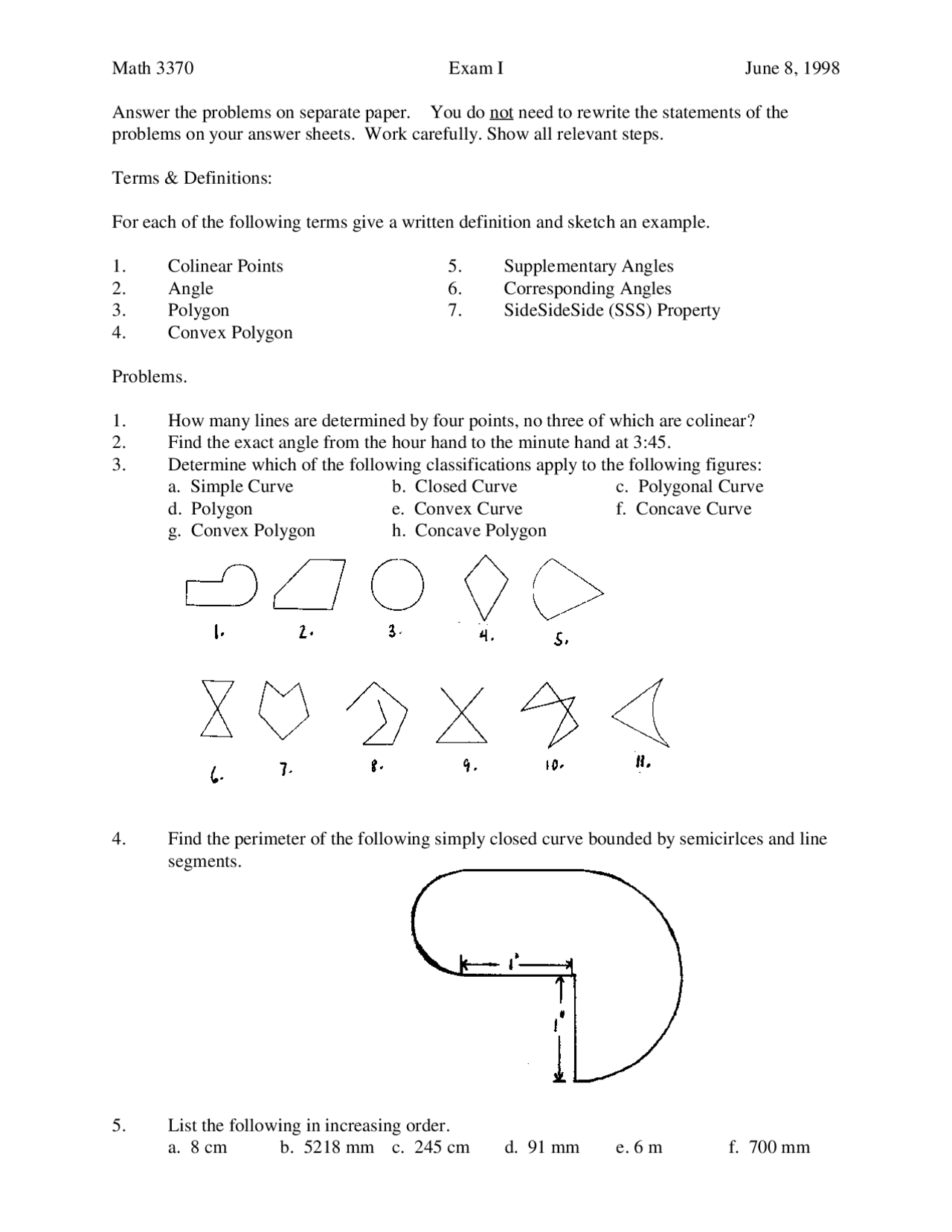 Past Exam Questions For Elementary Geometry Math 3370 Docsity
