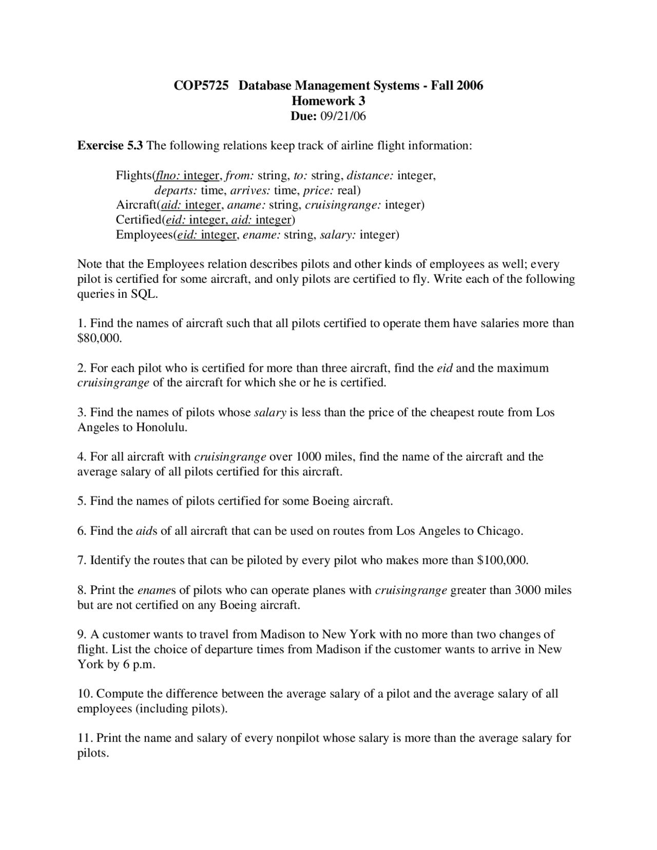 Homework 3 Database Management Systems Cop 5725 Docsity