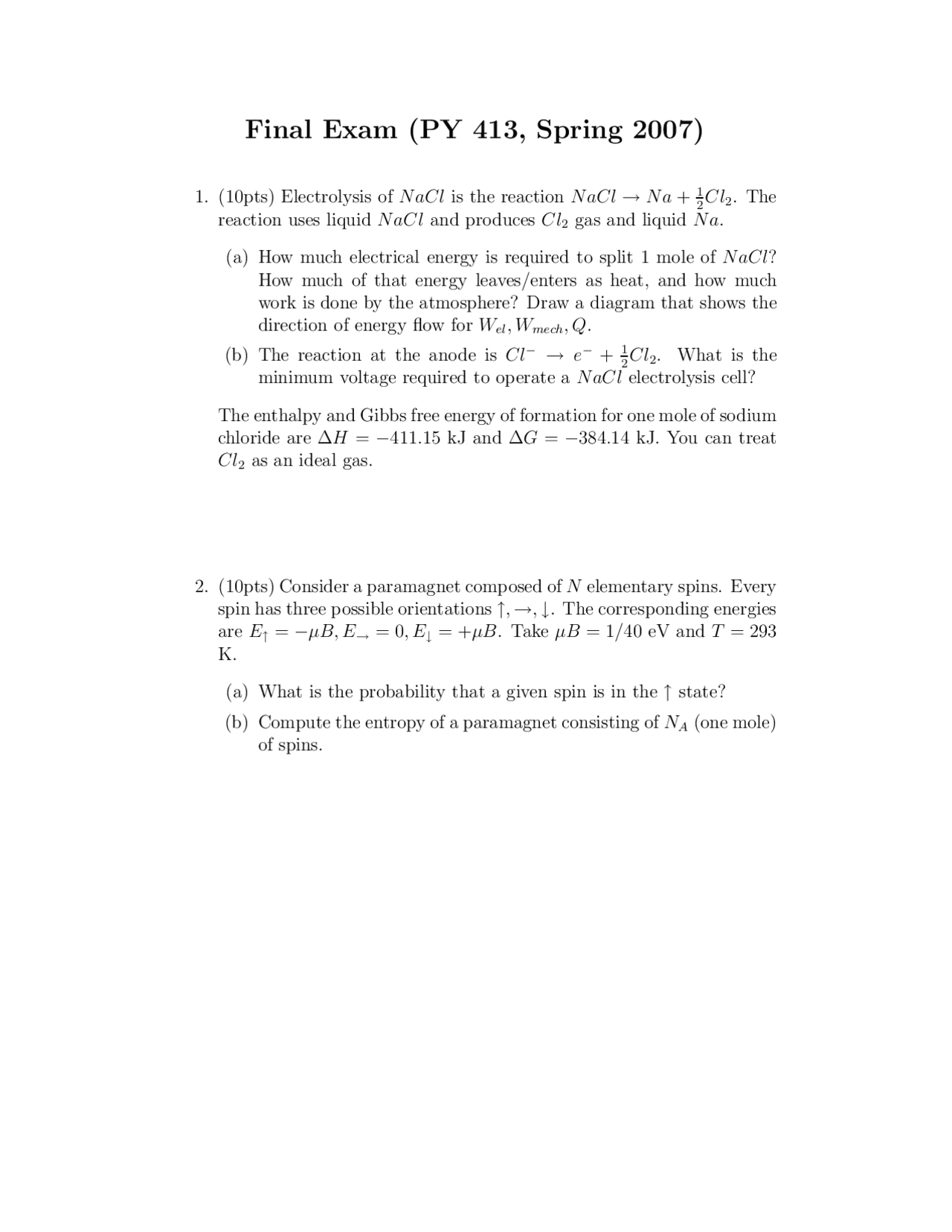 4 Questions On Thermal Physics Final Exam Py 413 Docsity