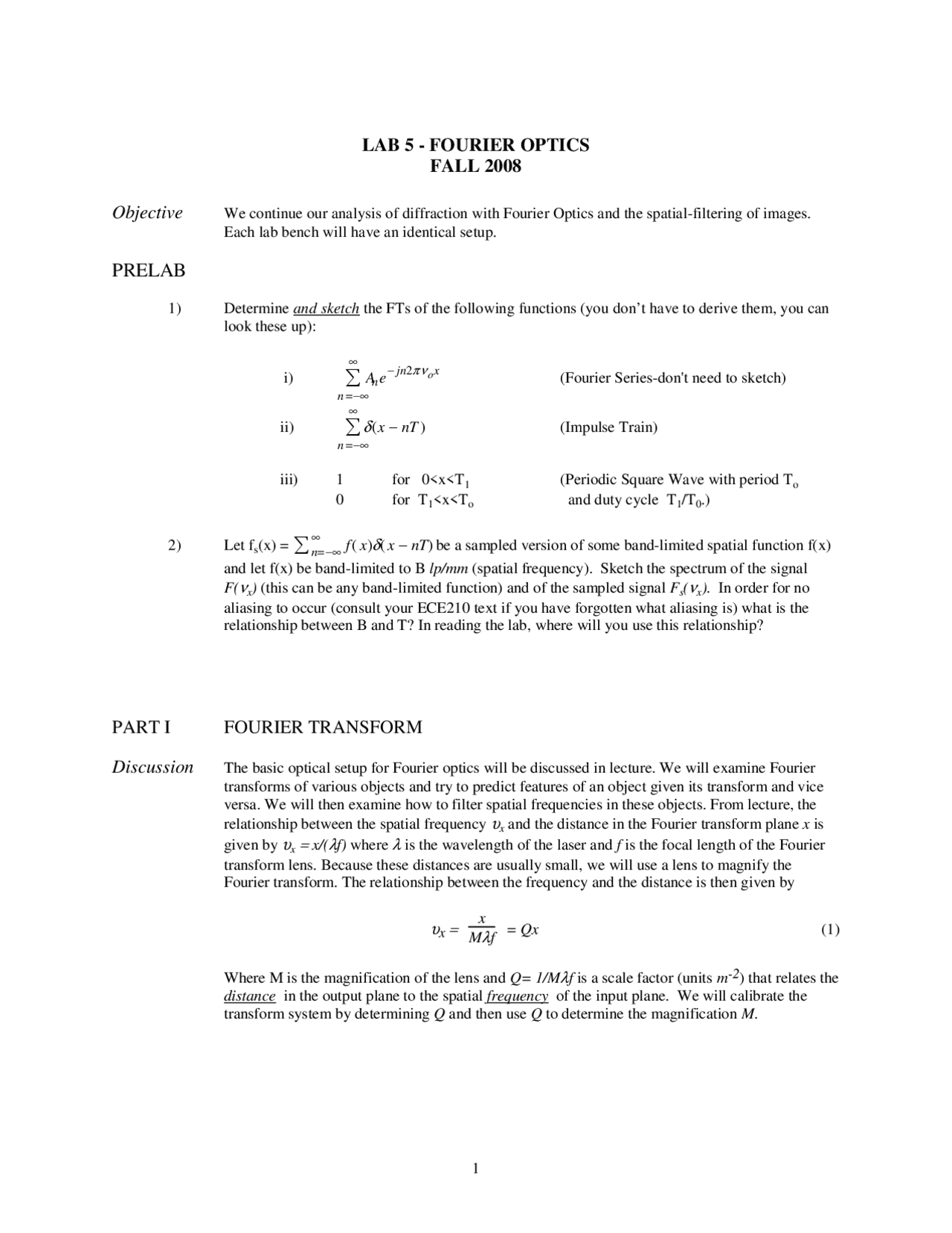 Lab 5 Fourier Optics Optical Imaging Fall 2008 Ece 460 Docsity